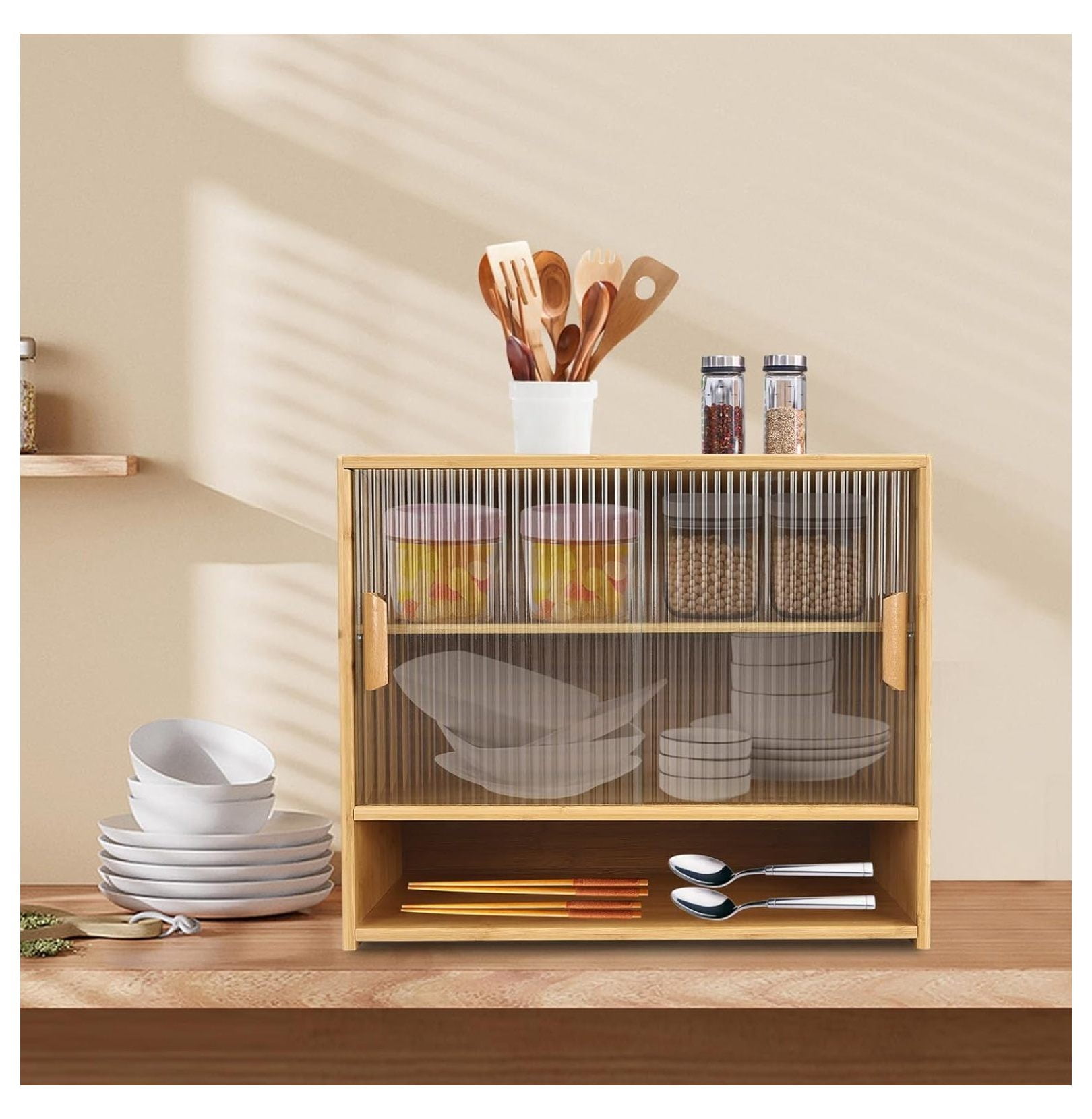 Small Bamboo Kitchen Pantry Sideboard, Freestanding Countertop Storage ...