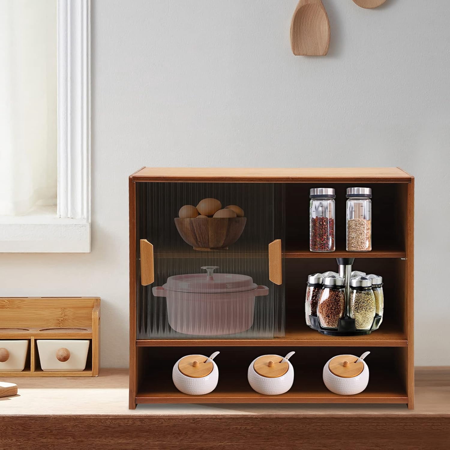 Small Bamboo Kitchen Pantry Sideboard with Sliding Striped Glass Doors ...