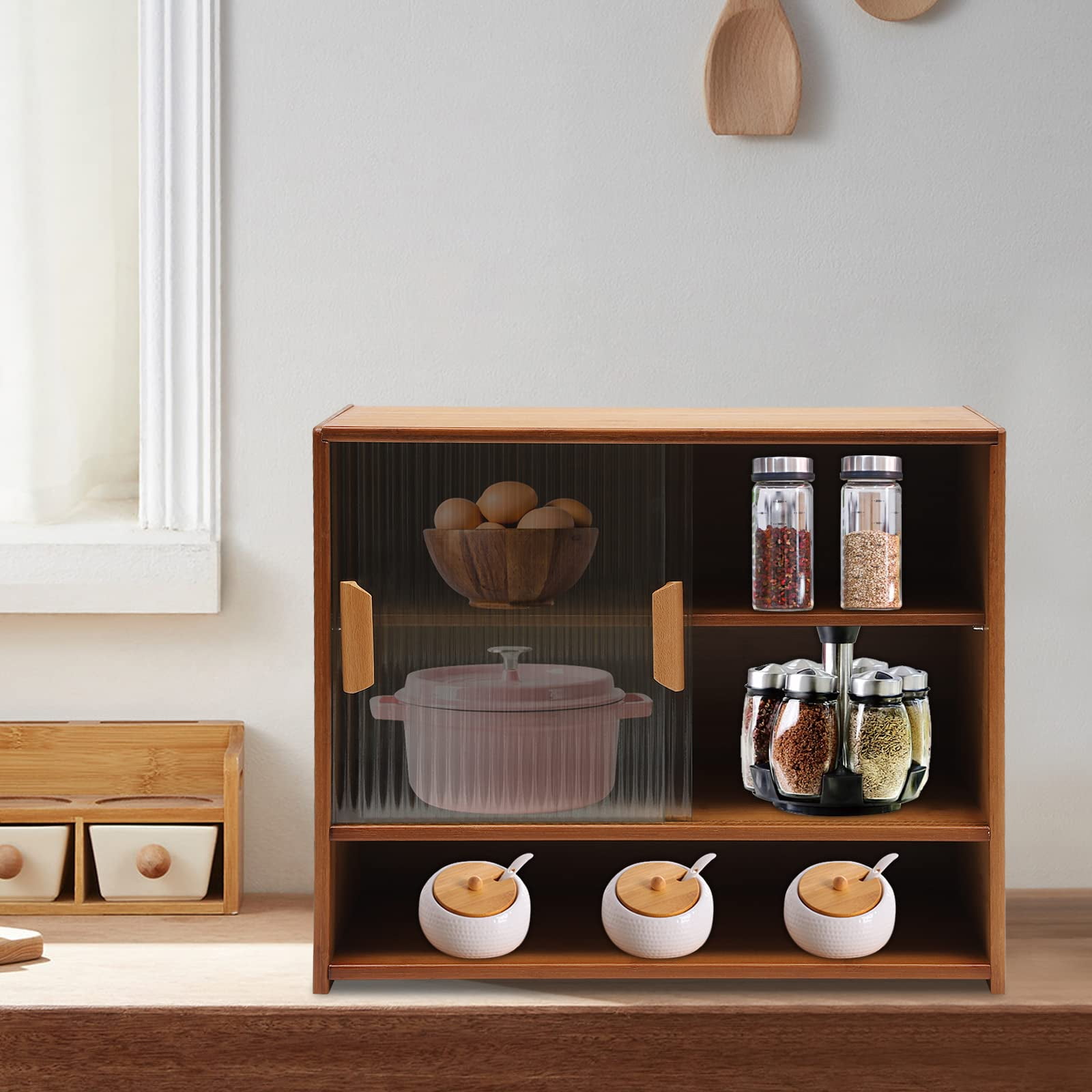 Small Bamboo Kitchen Pantry Sideboard with Sliding Striped Glass Doors ...