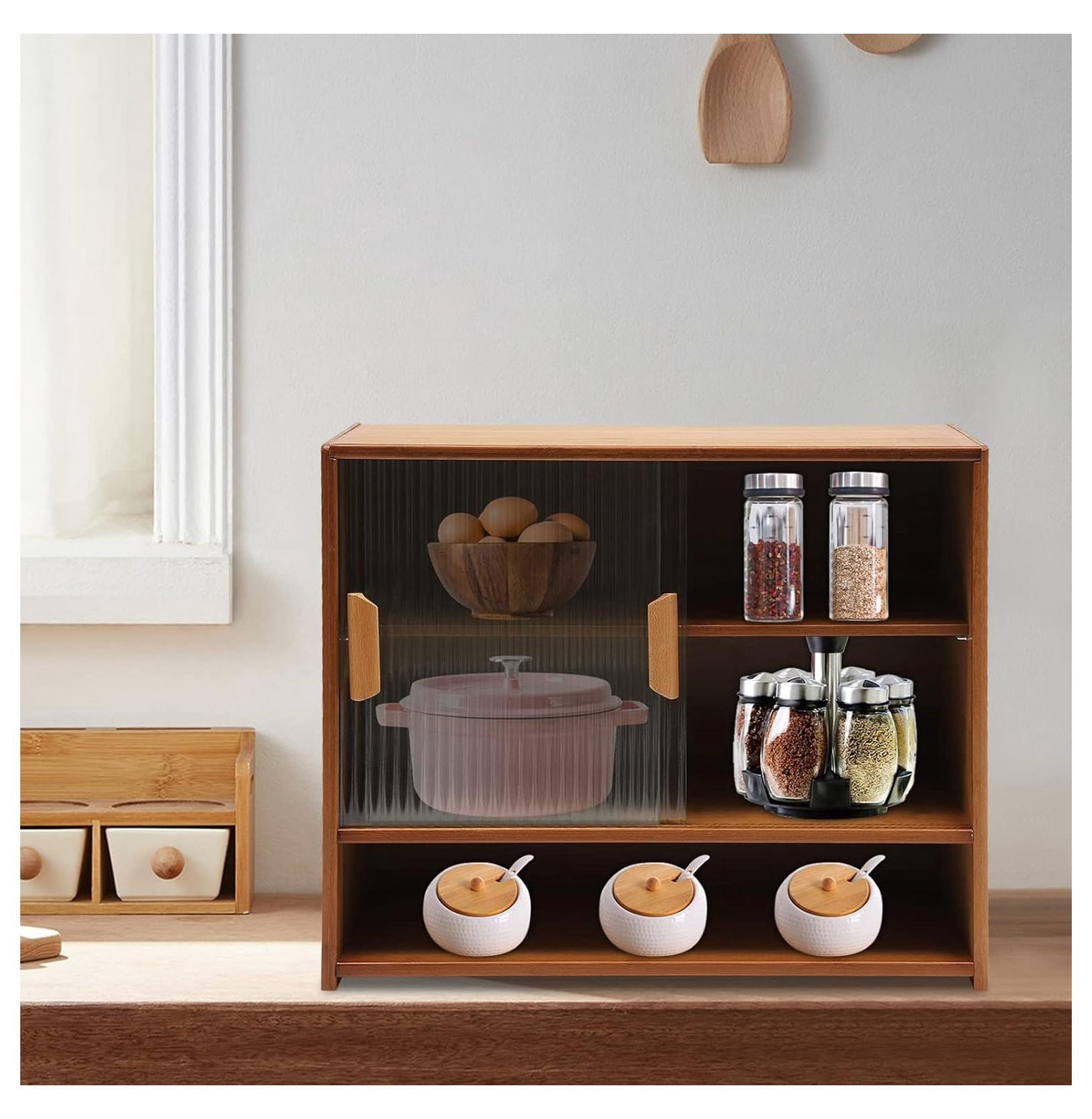 Small Bamboo Kitchen Pantry Sideboard with Sliding Striped Glass Doors ...