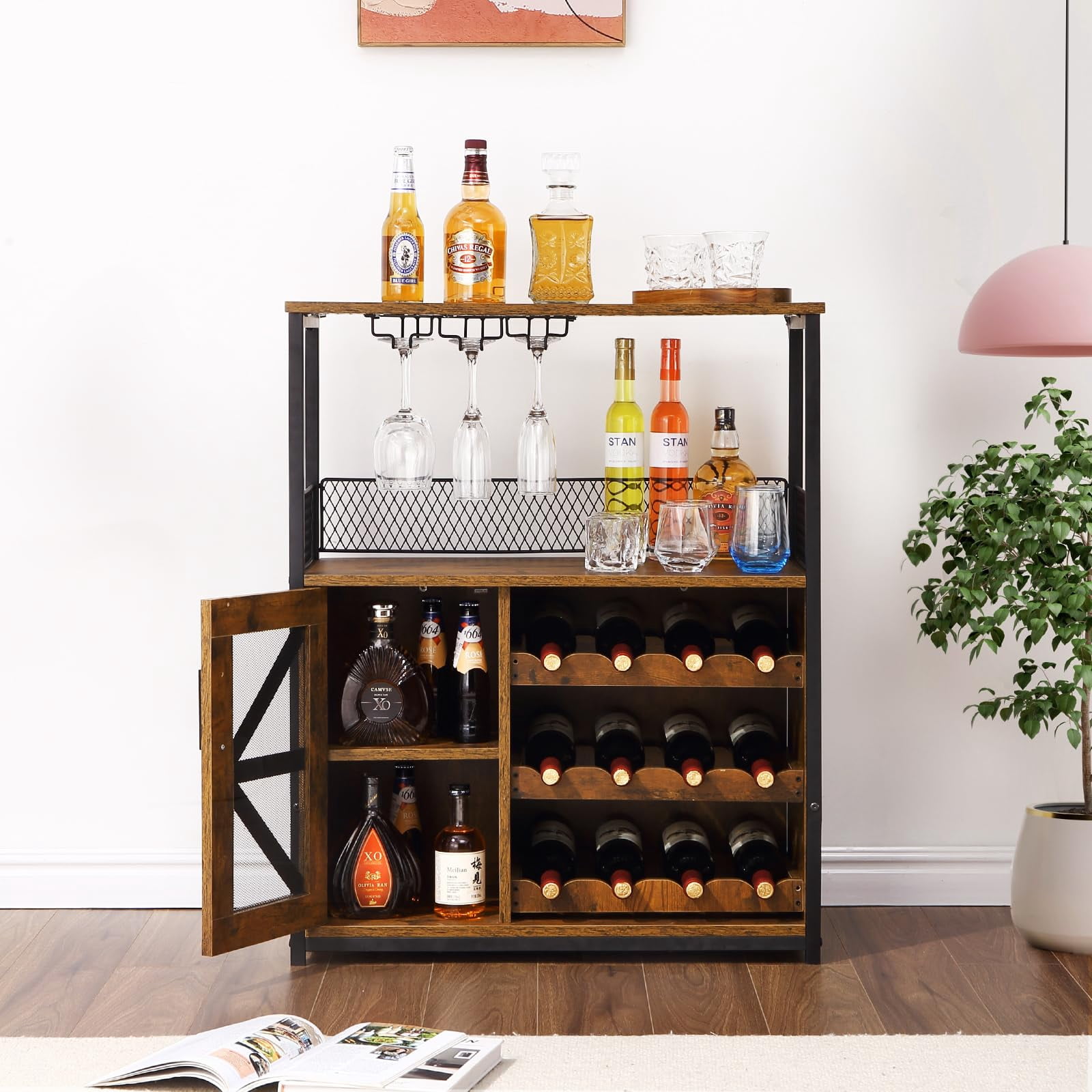 Small Bar Cabinet with Led, Storage Shelf, Glass Holder, and Buffet ...