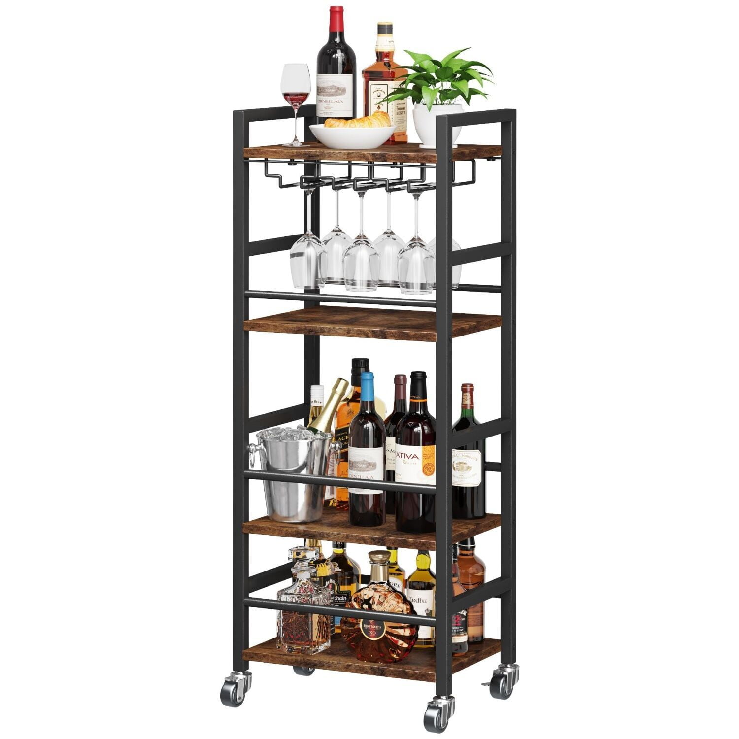 Small Bar Cart, Home Bar Serving Cart with 4-Tier Shelf, Mobile Kitchen ...