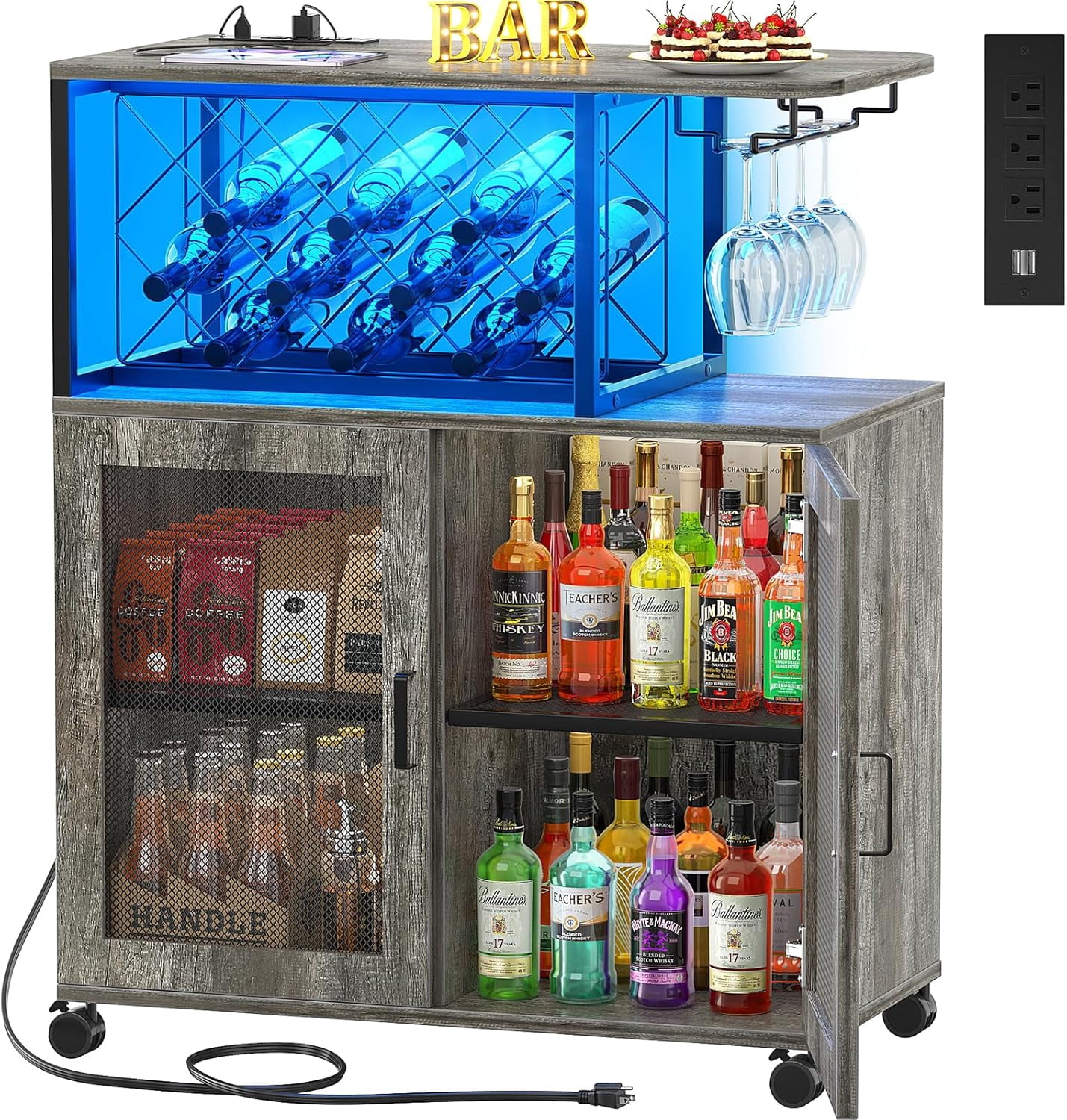 Small Bar Cart with Wheels, Liquor Cabinet with LED Light, Wine Bar ...