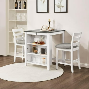 3-Piece Counter High Bar Table Set with Socket and 2 Fabric Padded Bar ...