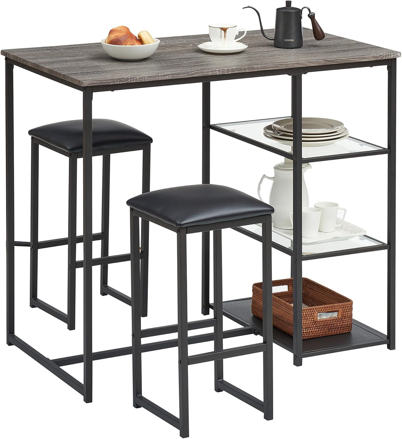 Small Bar Table and Chairs Set for 2, Upholstered Stools & Glass ...