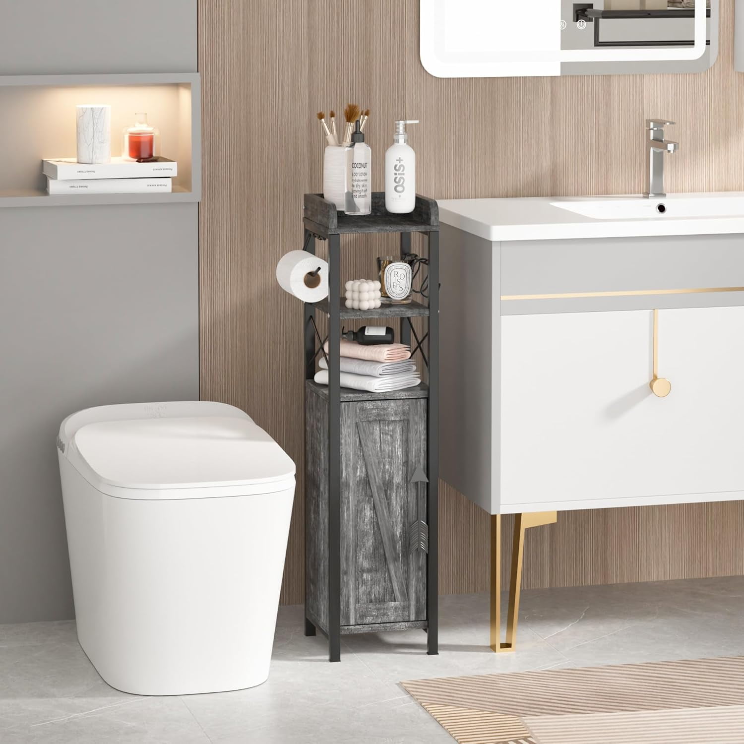 Small Bathroom Cabinet,Slim Toilet Paper Holders with Magnetic Door&2 ...