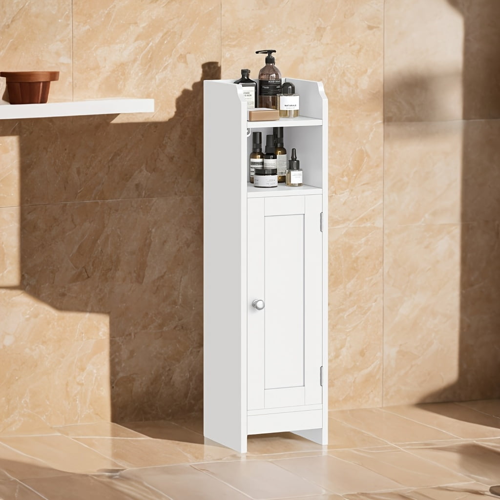 Small Bathroom Floor Cabinet with Adjustable Shelves - White Narrow ...