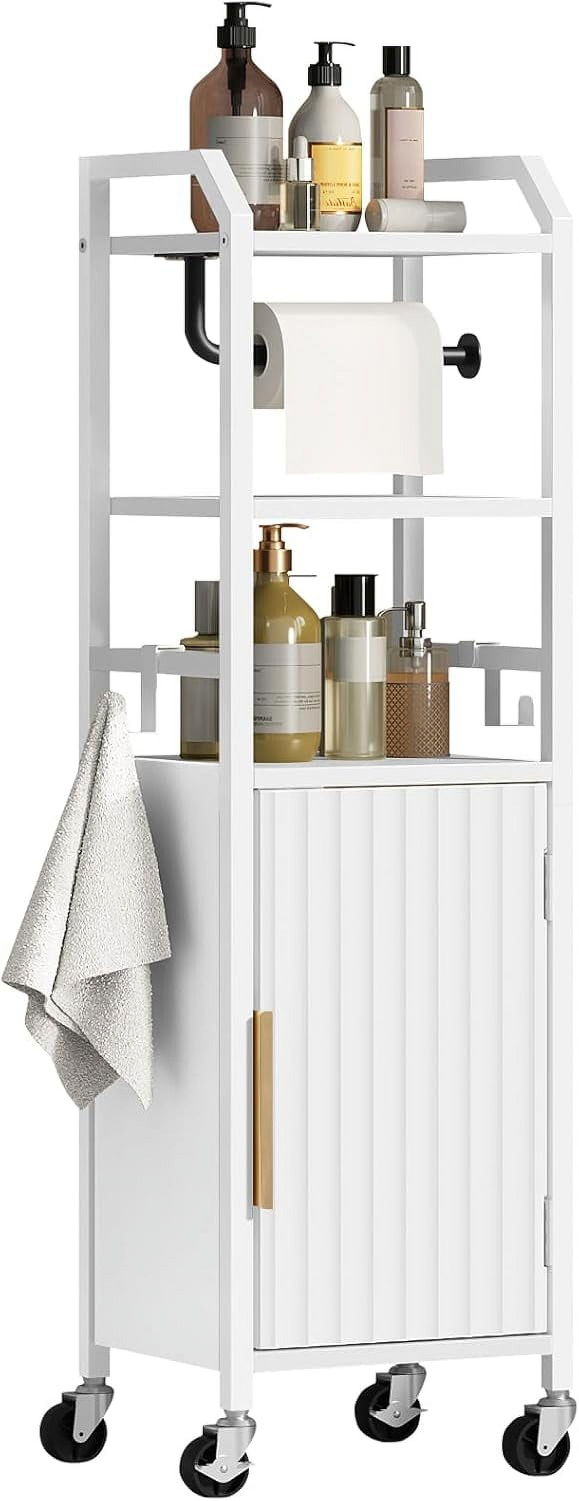 Small Bathroom Storage Cabinet, Slim Corner Floor Cabinet with Wheels ...