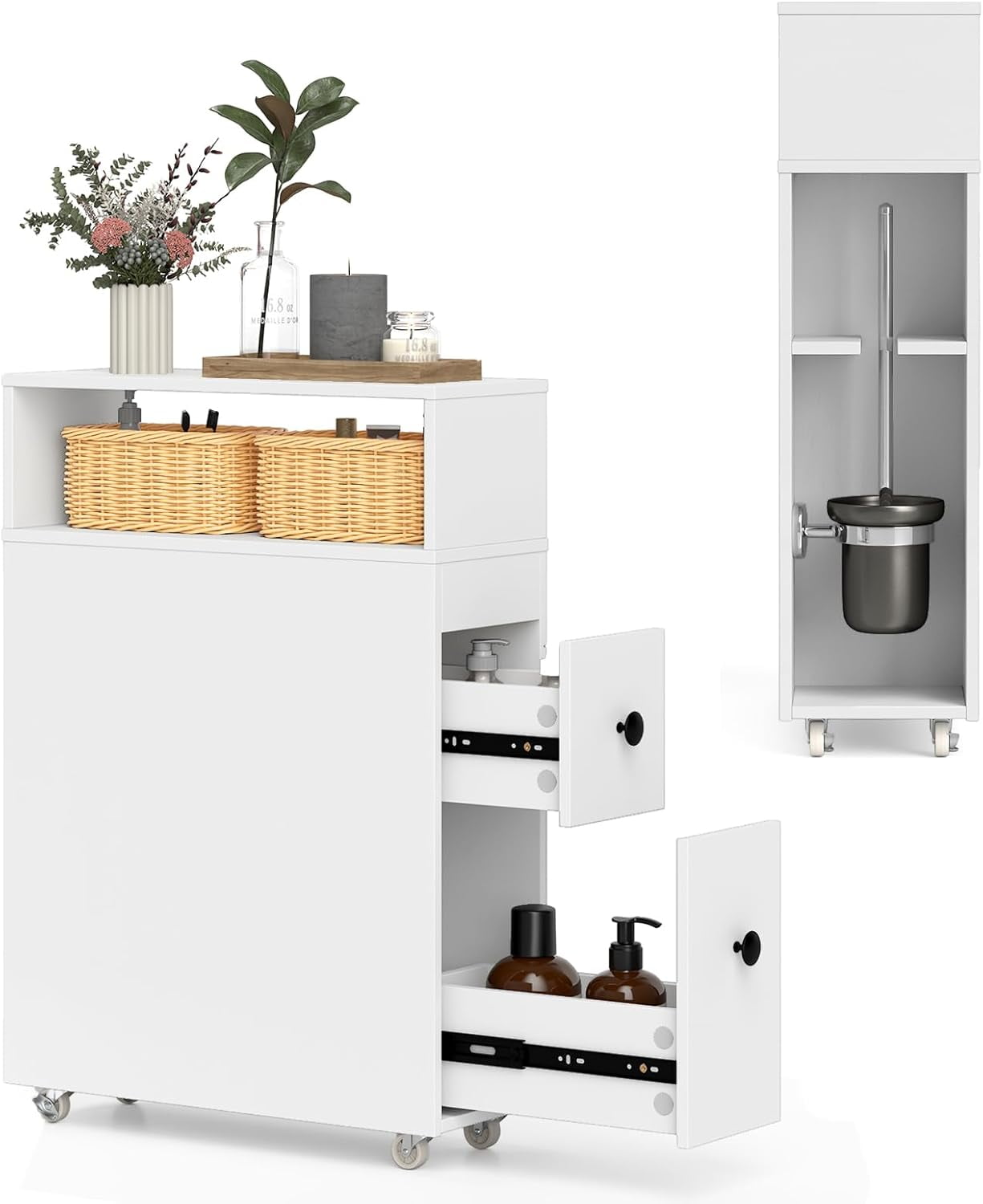 Small Bathroom Storage Cabinet - Slim Organizer With Wheels, 2 Drawers ...