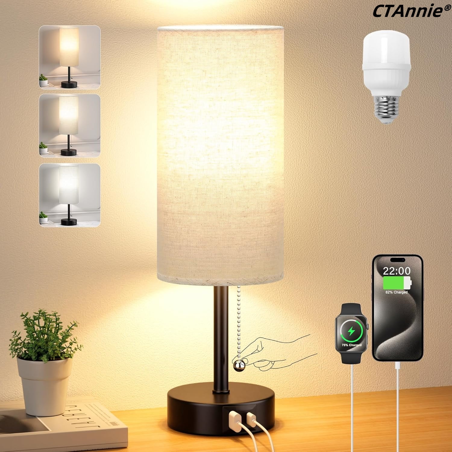 Small Bedside Lamp for Bedroom Nightstand - Table Lamp with USB A + C ...