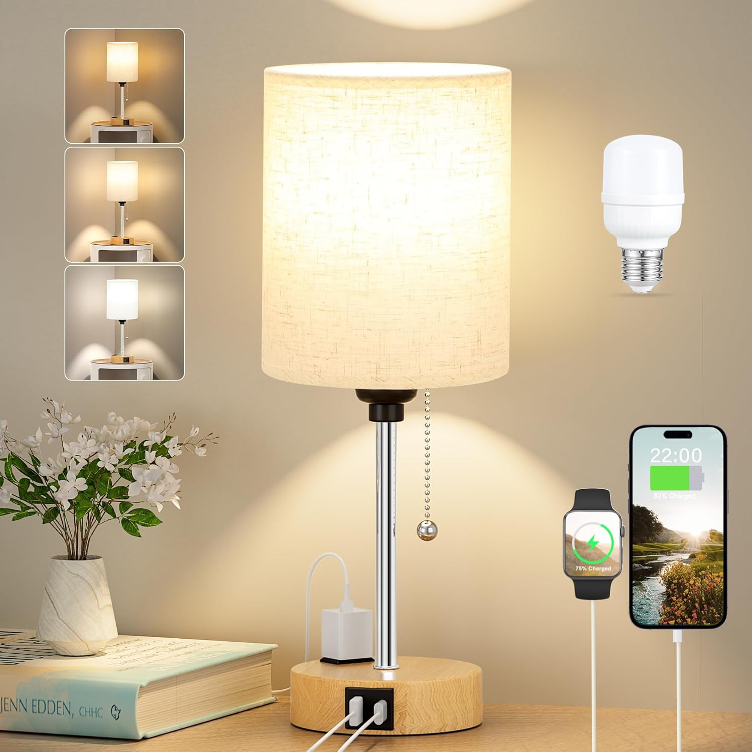 Small Bedside Lamp for Bedroom Nightstand - Table Lamp with USB C and A ...