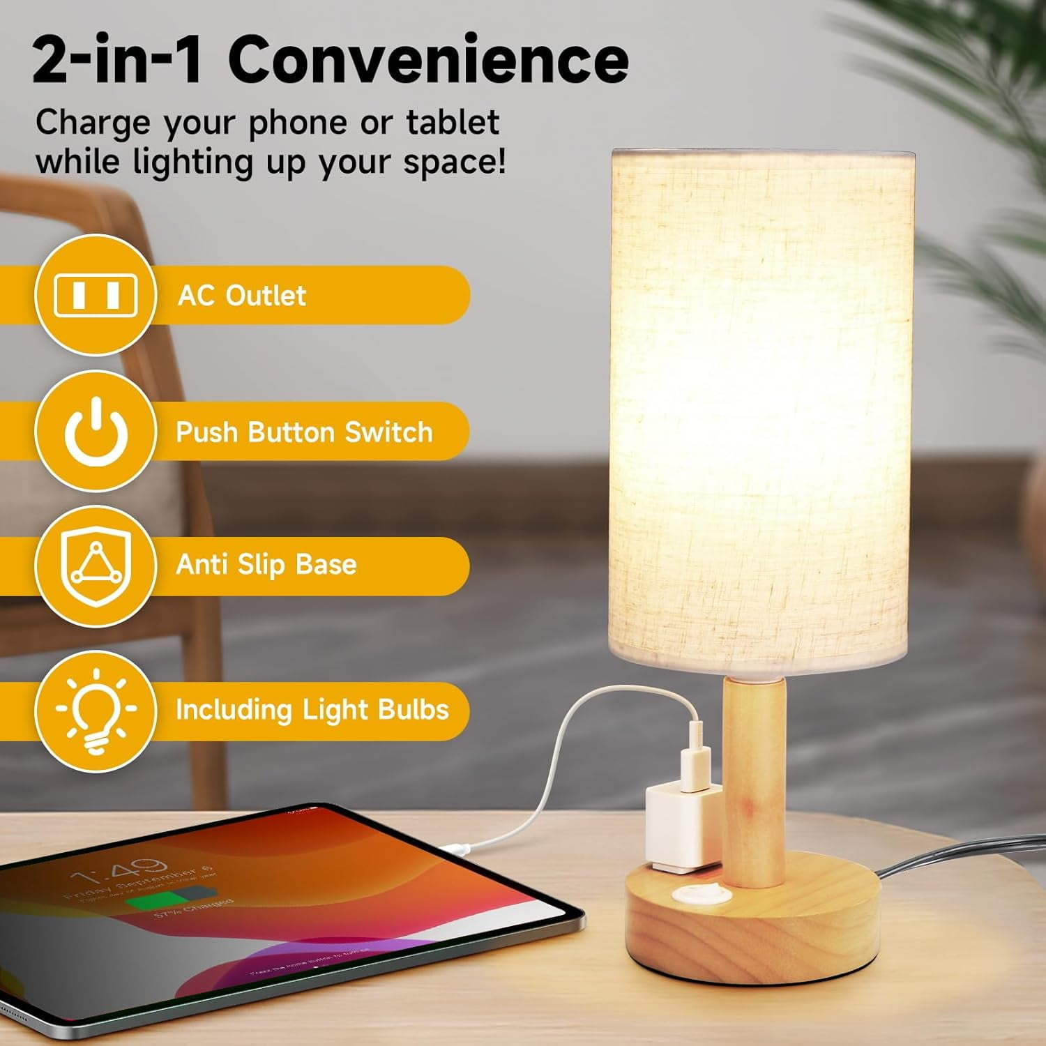 Small Bedside Table Lamp with AC Outlet,Natural Round Wood Base&Fabric ...