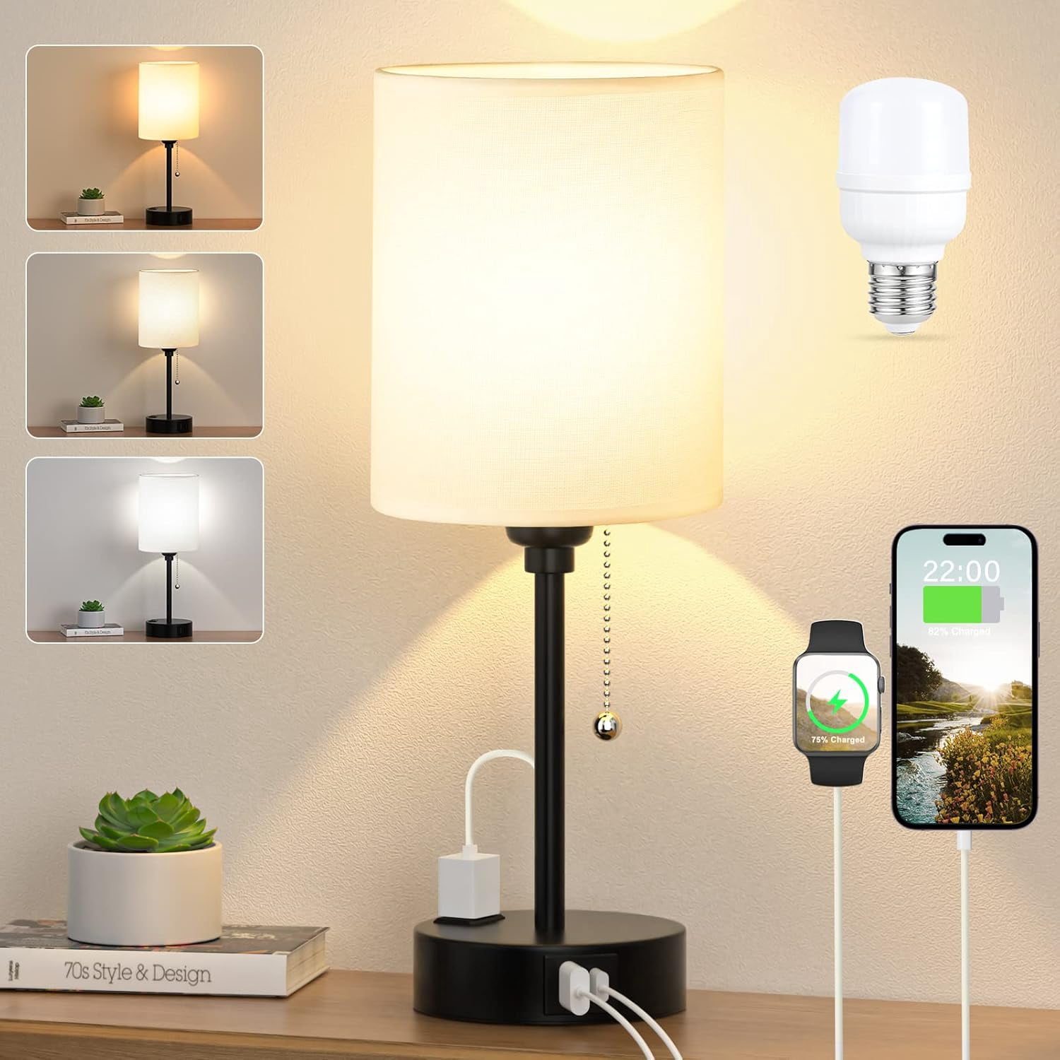 Small Bedside Table lamp for Bedroom - 3 Color Temperatures Bedside ...