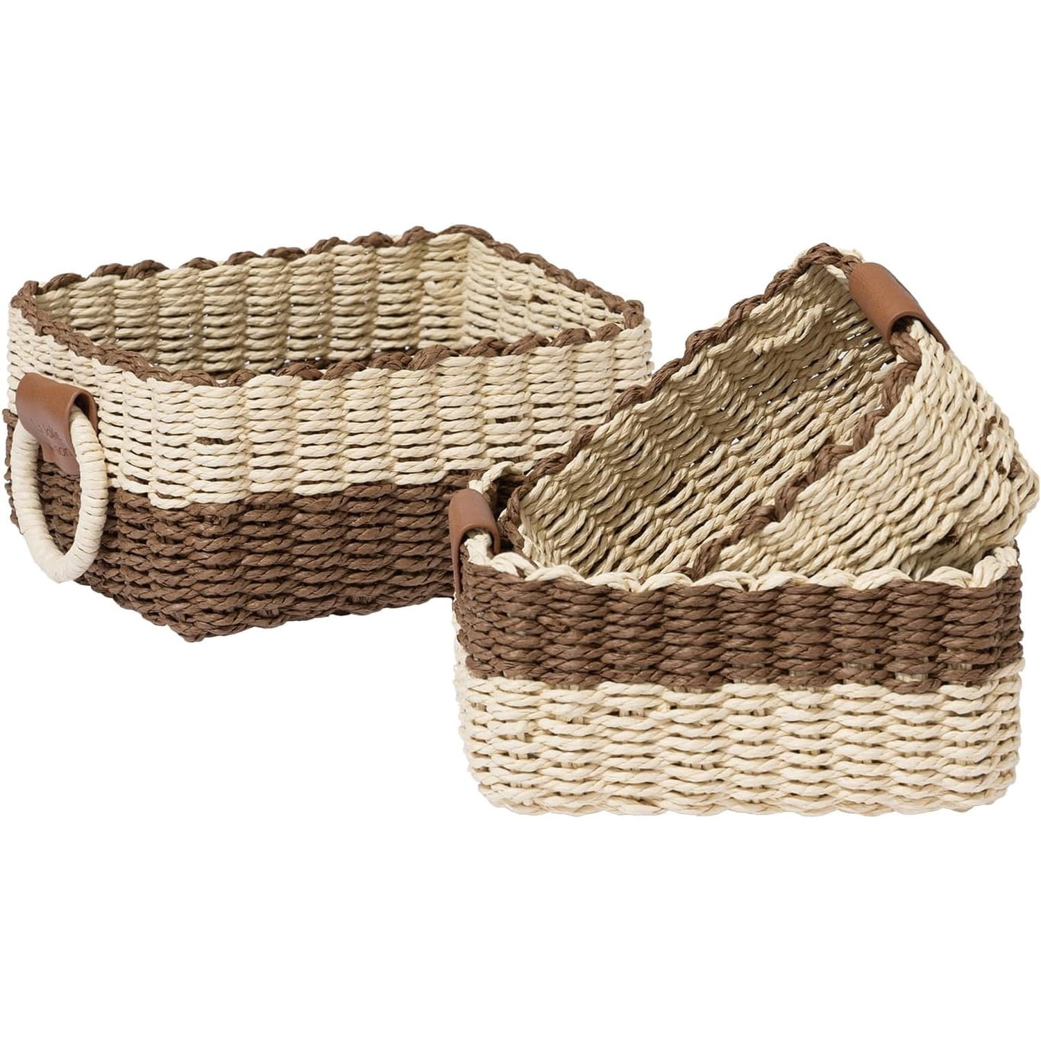 Small Beige and Chestnut Wicker Baskets Set of 3, Paper Rope Storage ...