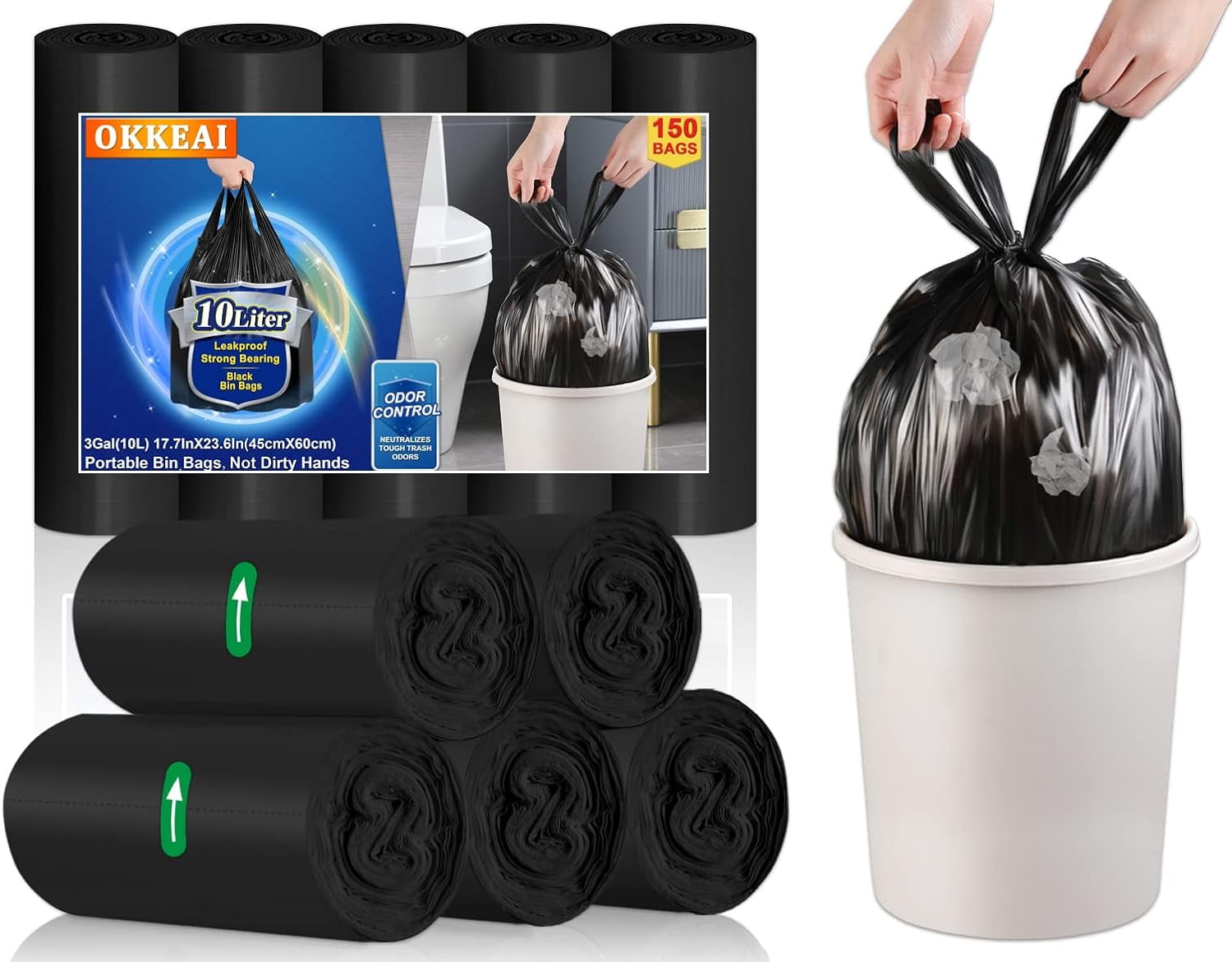 OKKEAI 10L Black Garbage Bags, 150 per Pack ,for Bathroom, Kitchen ...