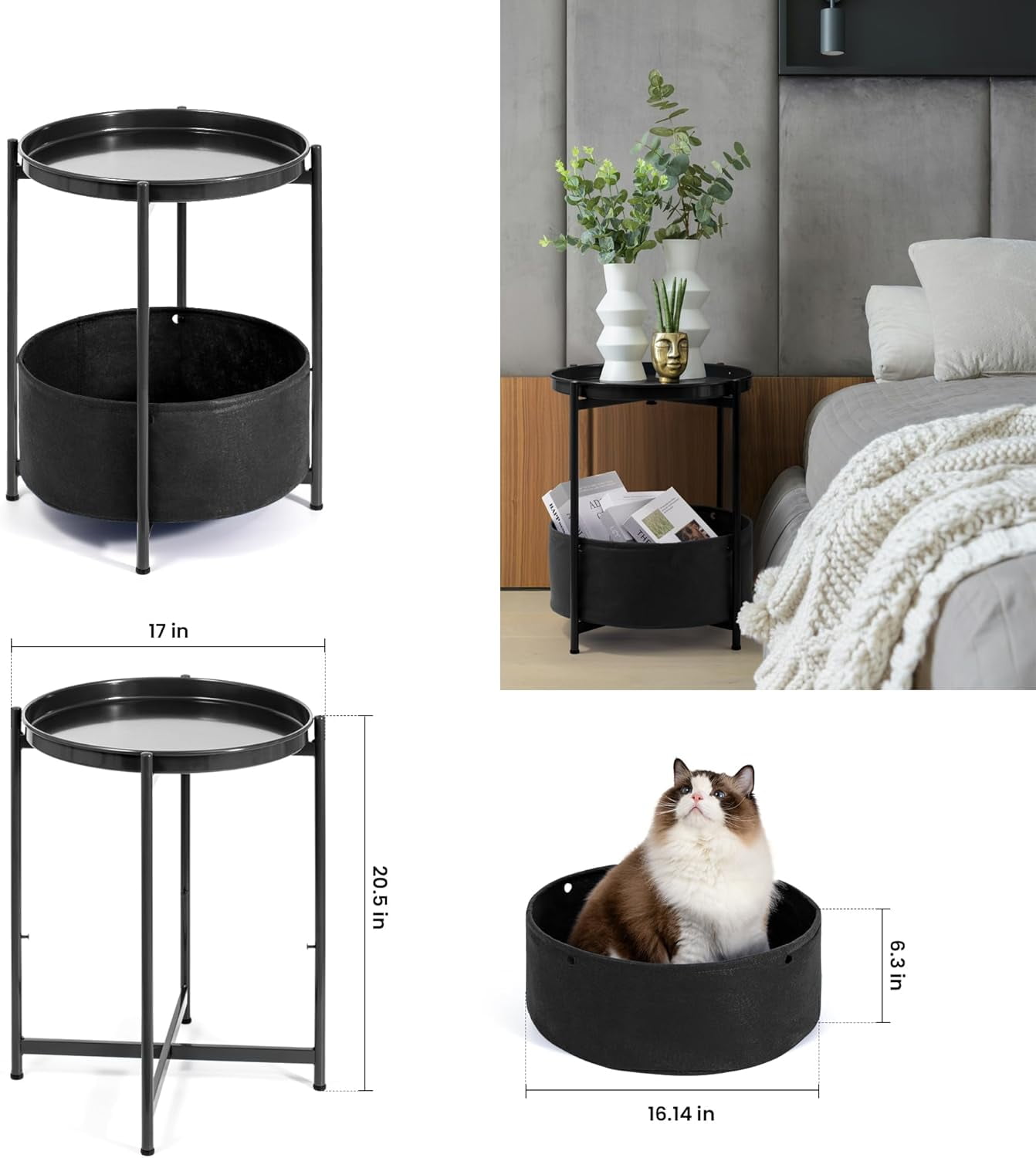 Small Black Round Side Table with Storage Basket, Metal Night Stand ...