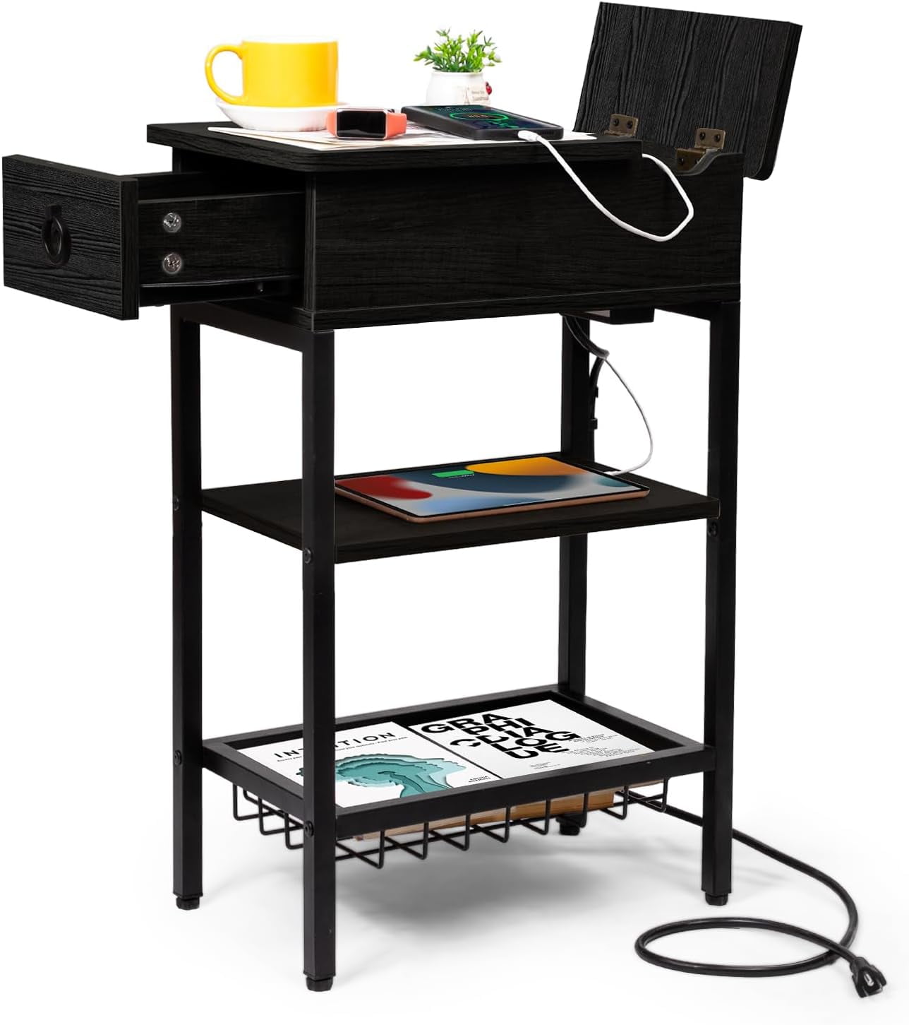 Small Black Side Table Charging Station for Bedroom, Narrow Black ...
