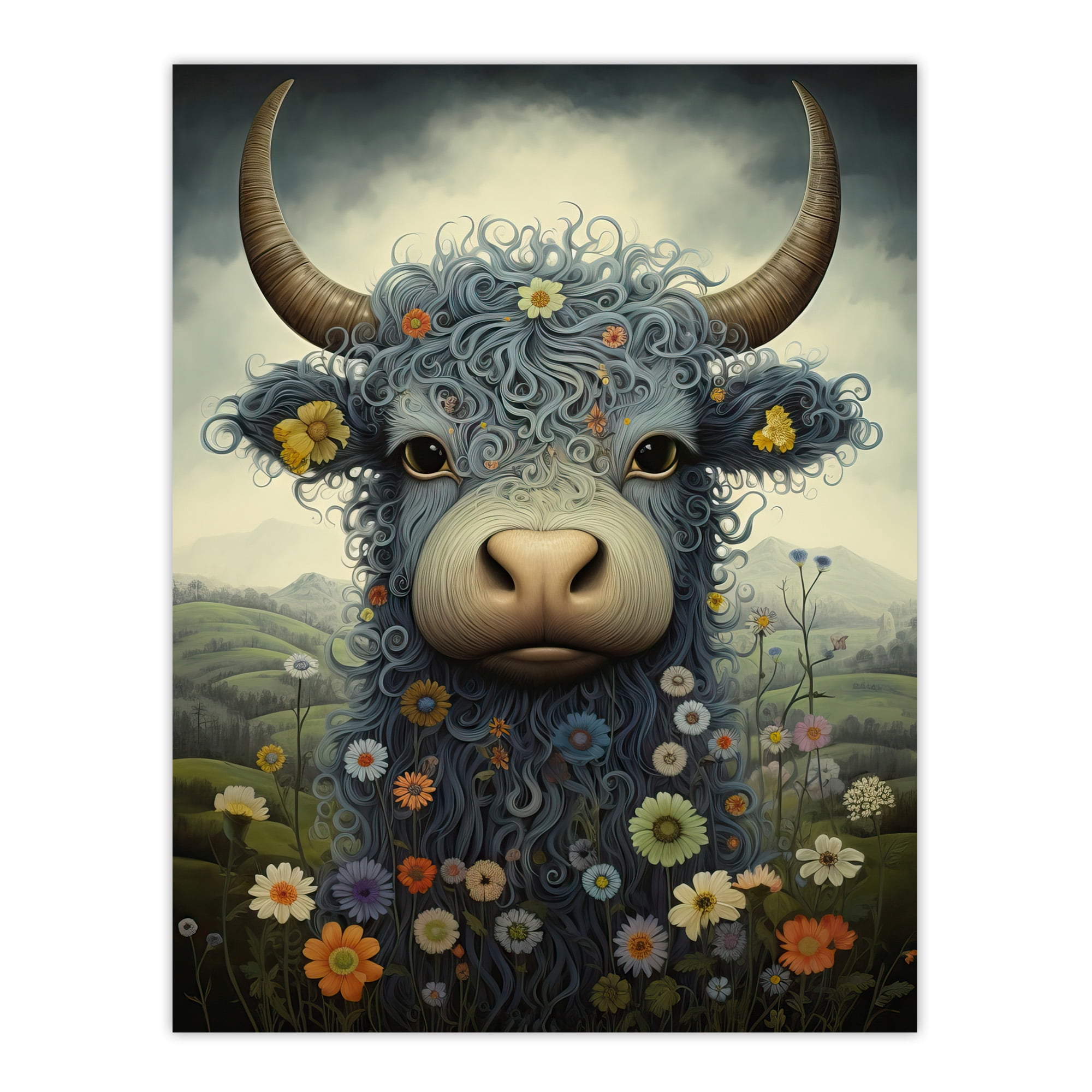 Small Blue Highland Cow In Wildflower Meadow Fun Wee Blue Coo Artwork ...
