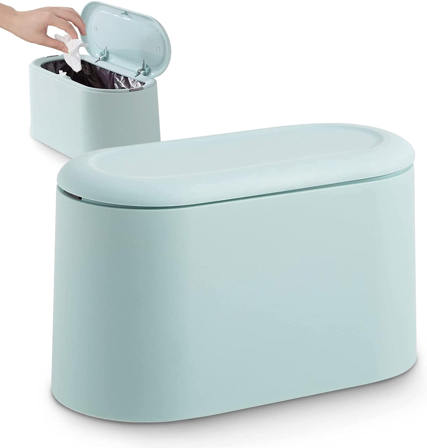 Small (Blue) Table Top Trash Can with Push Button Lid for Office ...