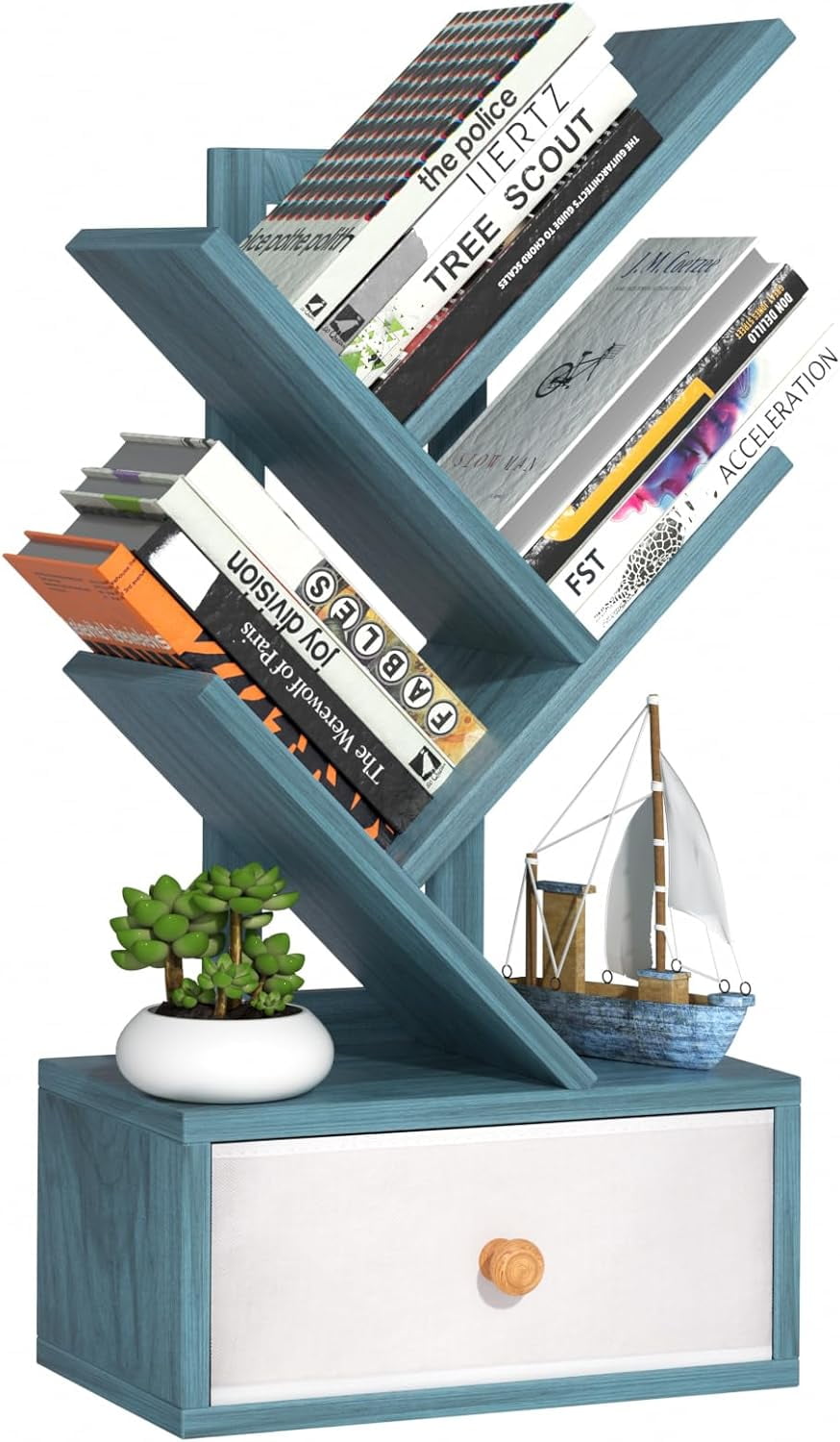 Small Book Shelf with Drawer,4 Tier Black Tree Bookshelf,Blueen Desktop ...