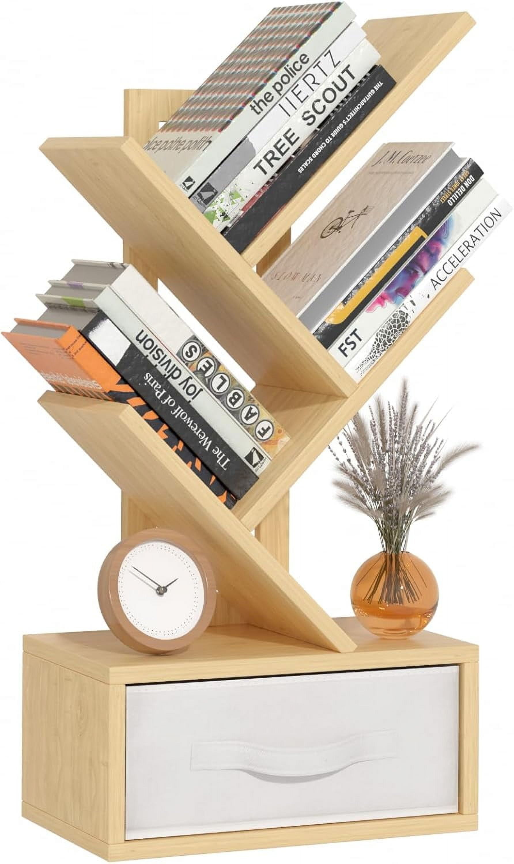 Small Book Shelf with Drawer,4 Tier Black Tree Bookshelf,Wooden Desktop ...