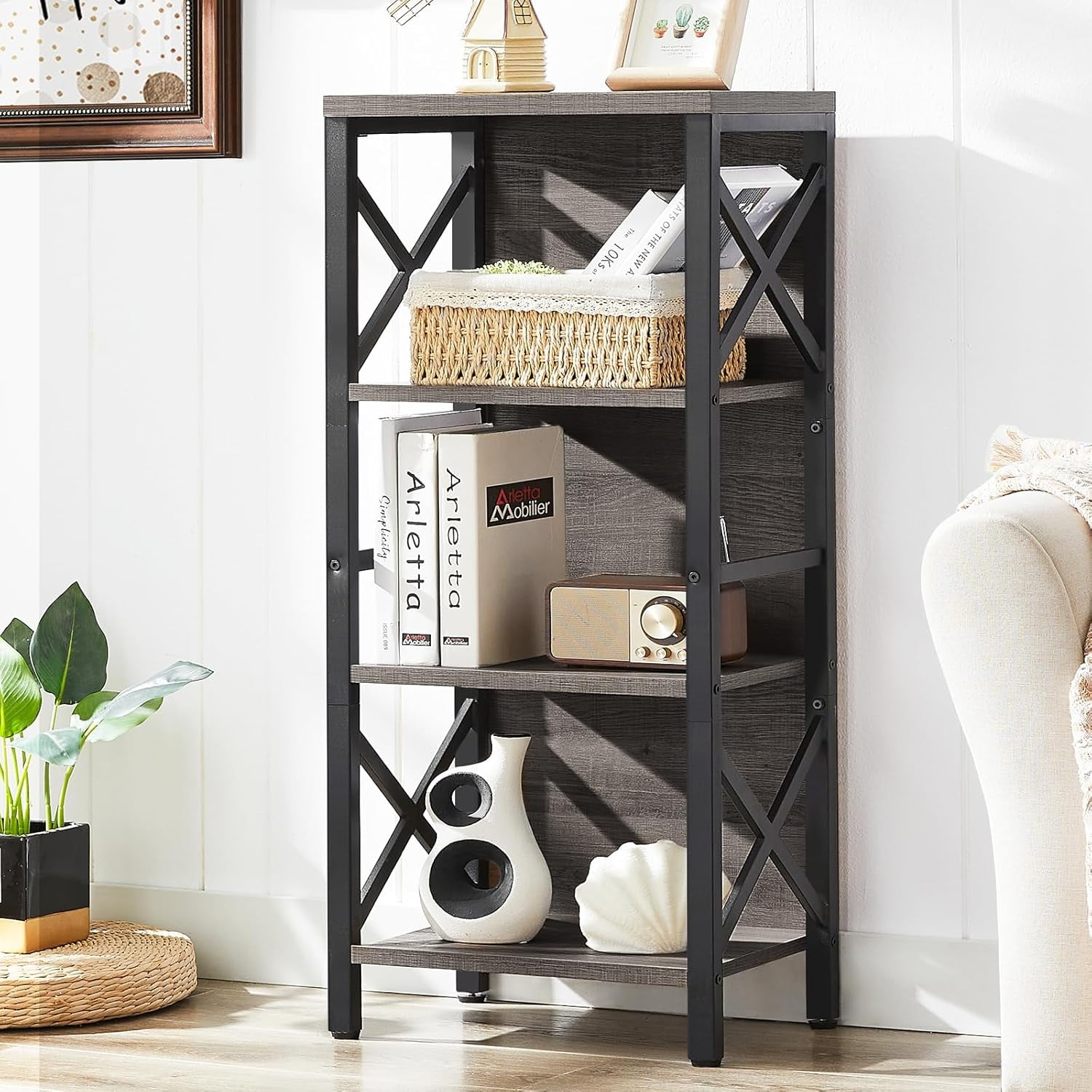 Small Bookcase,3 Tier Industrial Bookshelf with Metal Frame and ...