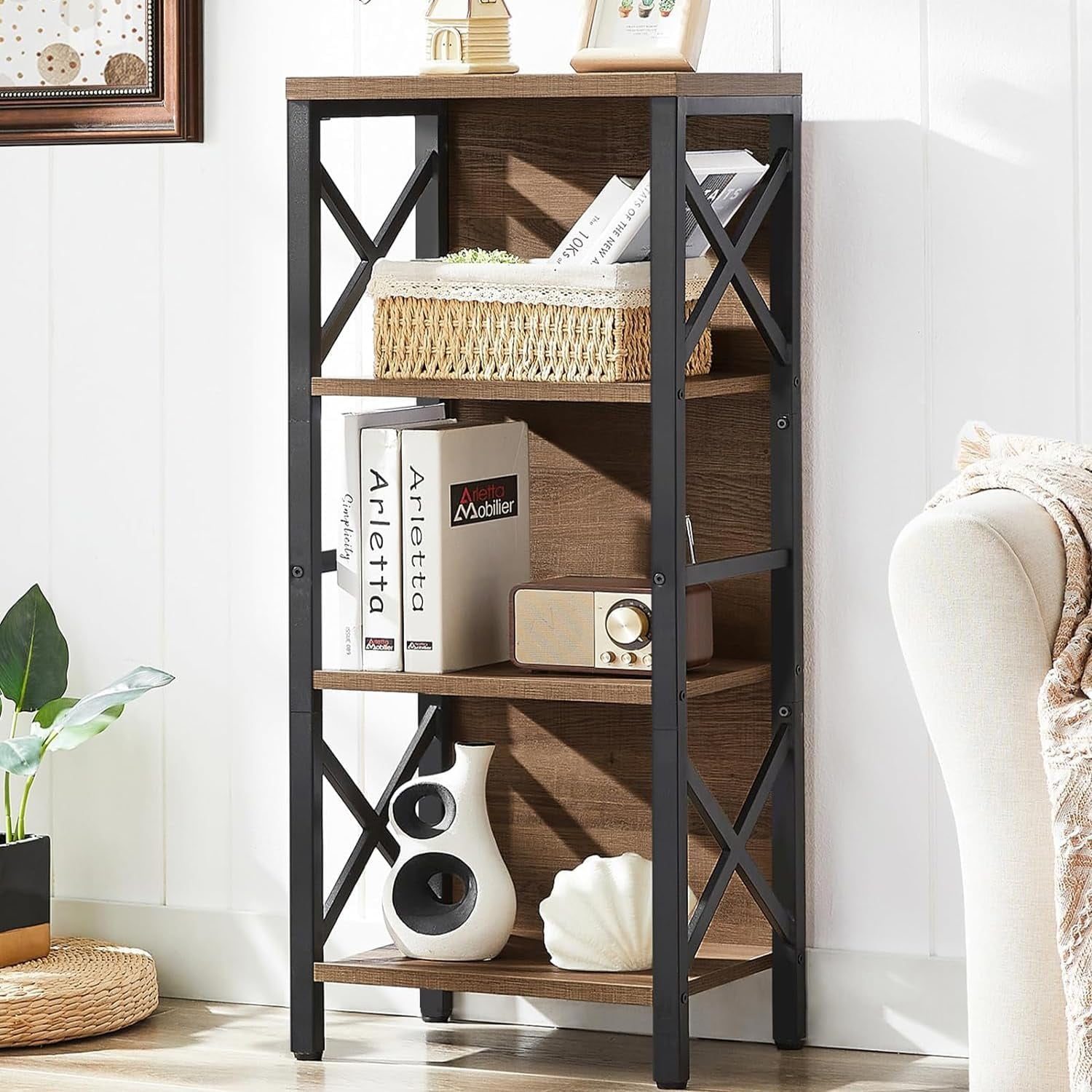 Small Bookcase,3 Tier Industrial Short Bookshelf with Metal Frame and ...