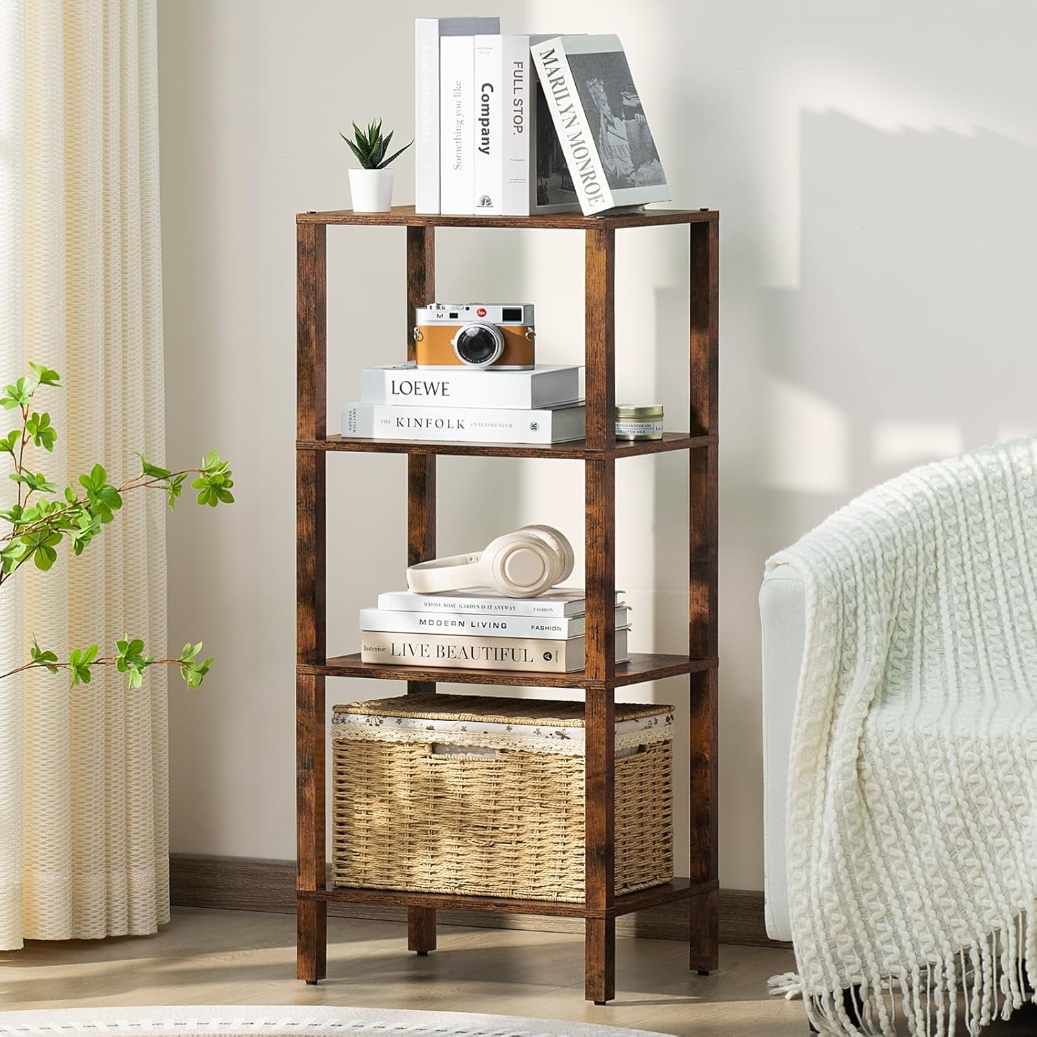 Small Bookcase with 4 Tier Wooden Bookshelf for Small Spaces - Tall ...