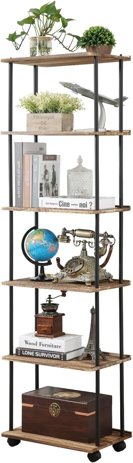 Small Bookcase with Wheels, 6 Tier Movable and Rotating Bookshelf for ...