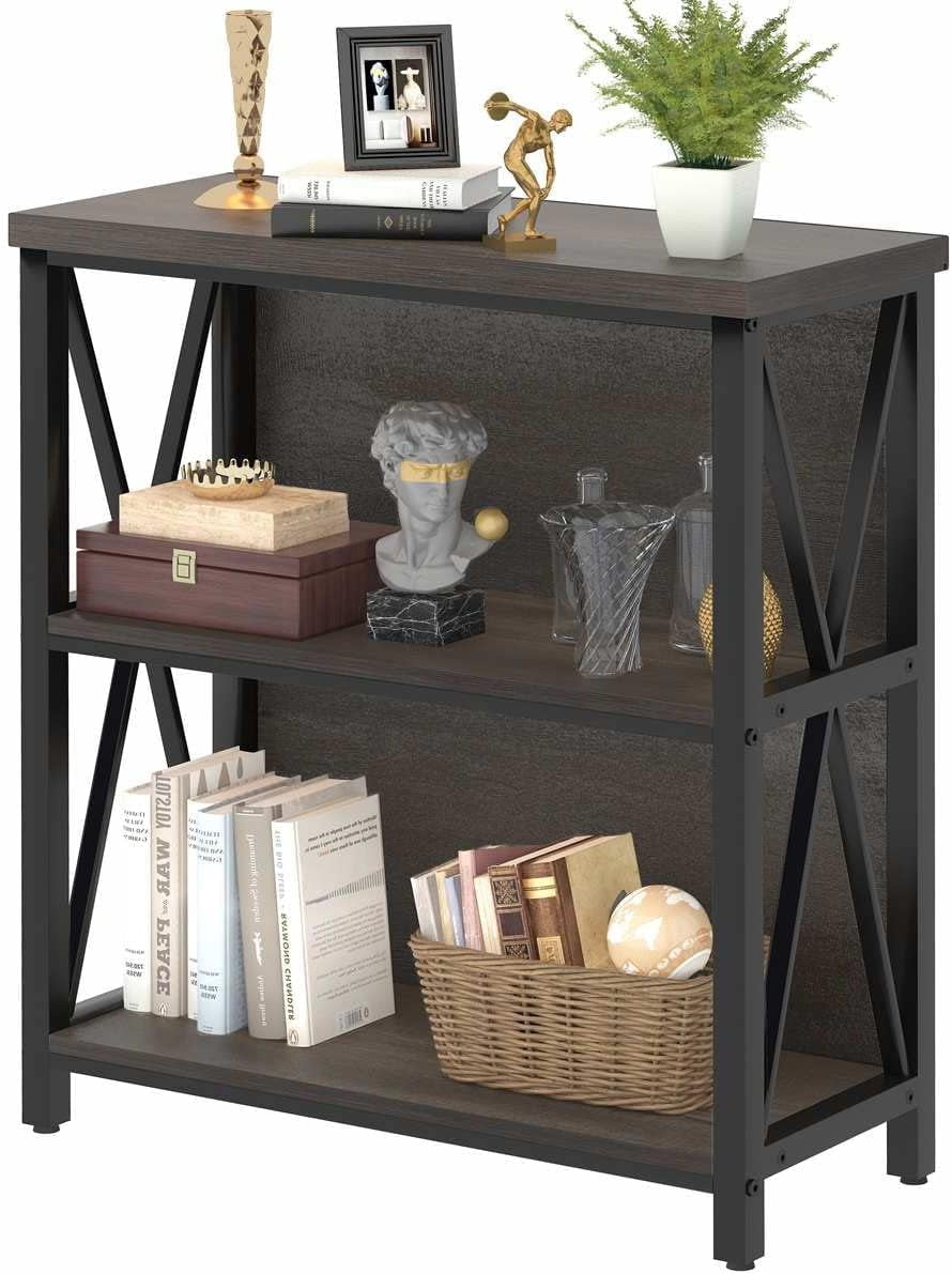 Small Bookcase, Wood and Metal Low Short Bookshelf, Industrial Book ...