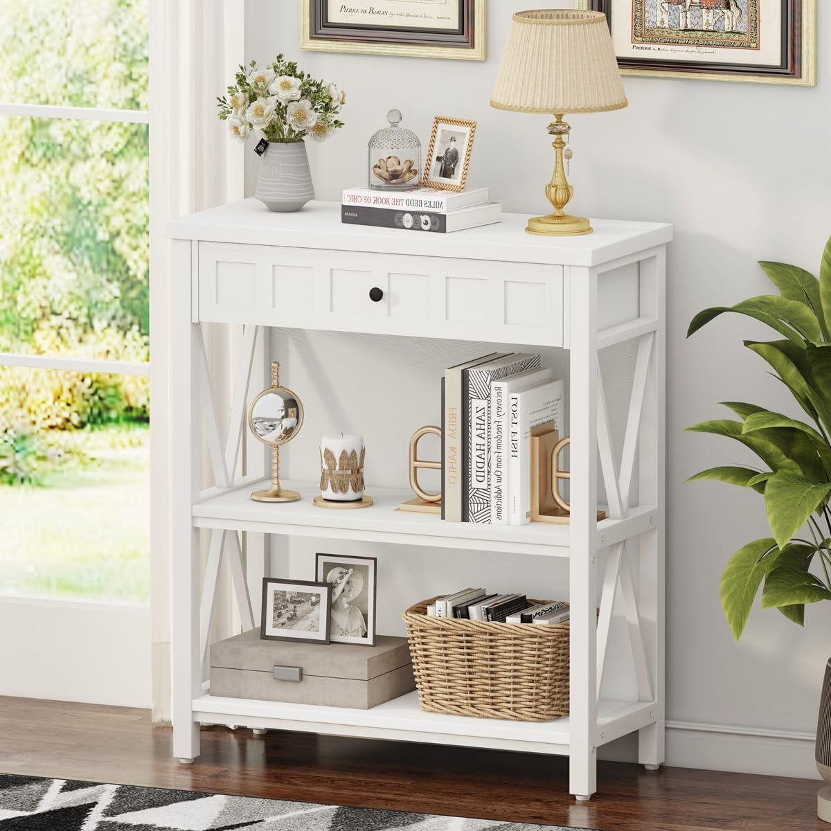 Small Bookcase with Drawer, Wood and Metal Bookshelf for Small Space ...