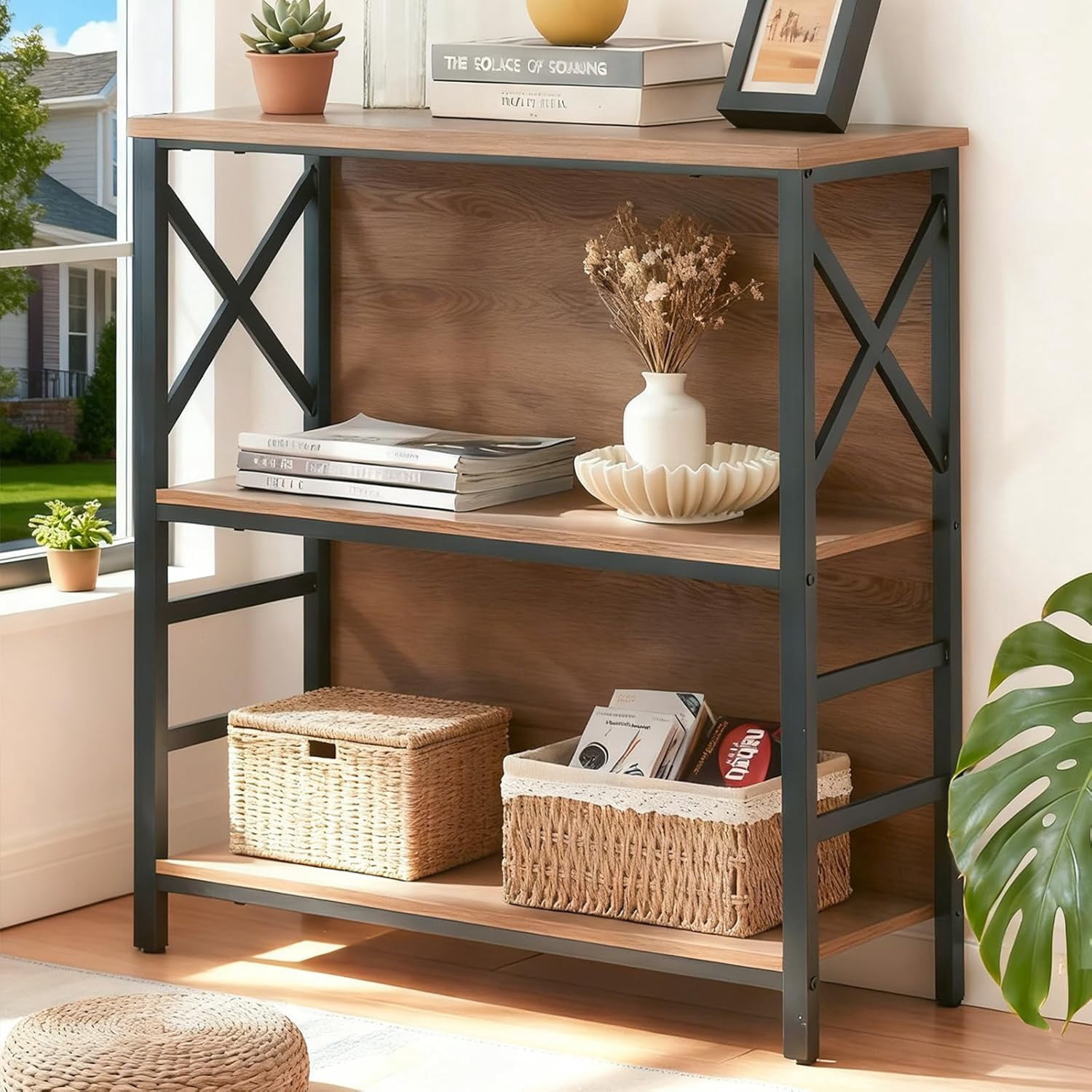 Small Bookshelf,3 Tier Industrial Bookcase with Metal Frame and ...
