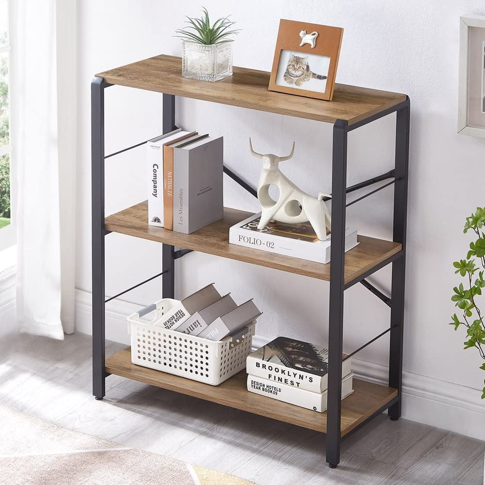 Small Bookshelf, 3 Tier Open Book Shelf, Rustic Wood and Metal Shelving ...