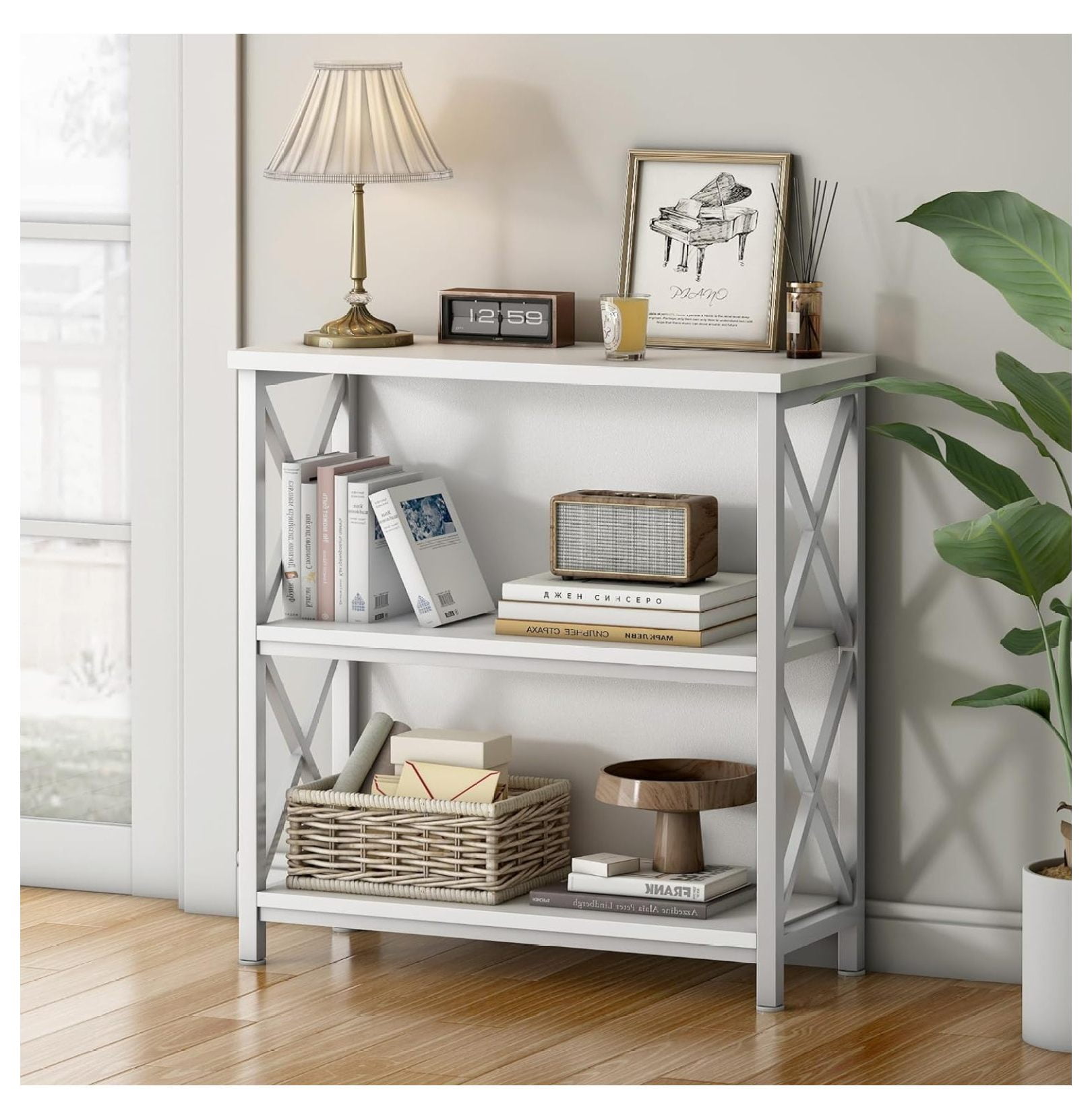 Small Bookshelf, 3 Tier Open Book Shelf with X- Frame, Rustic Wood and ...