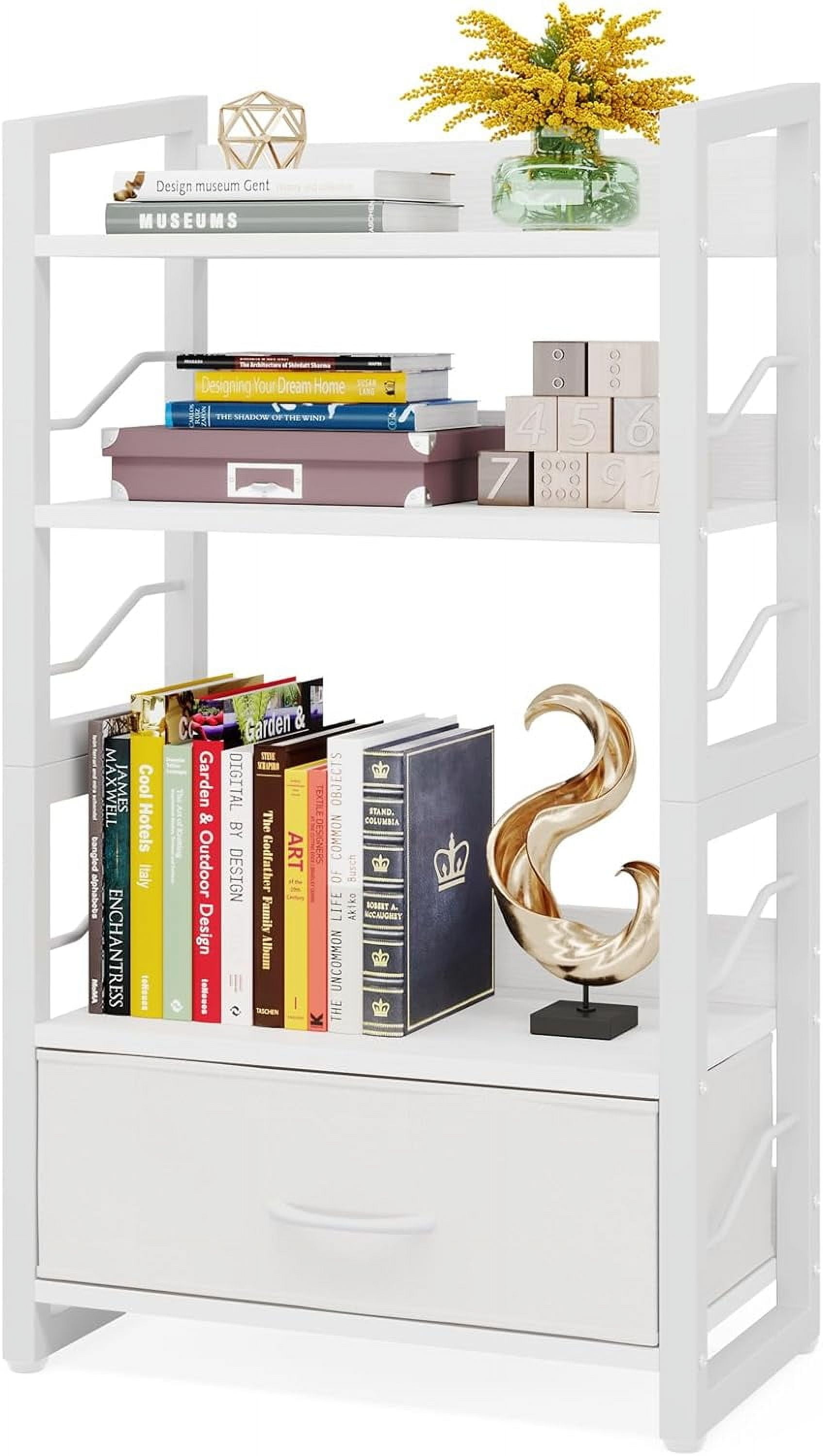 Small Bookshelf with Drawer - 4-Tier Wood Book Shelf Industrial Narrow ...