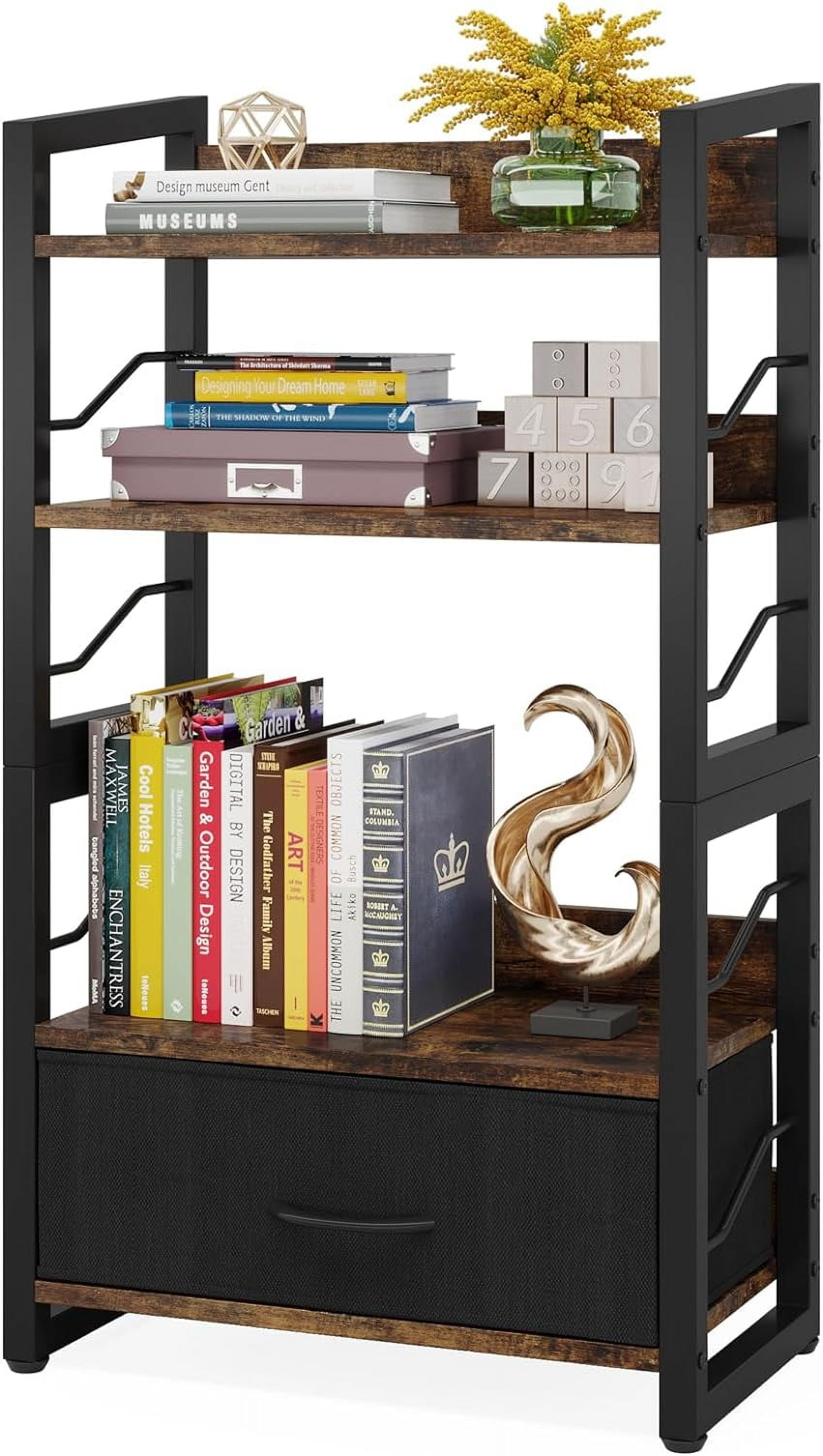 Small Bookshelf with Drawer: 4-Tier Wood Book Shelf Industrial Narrow ...