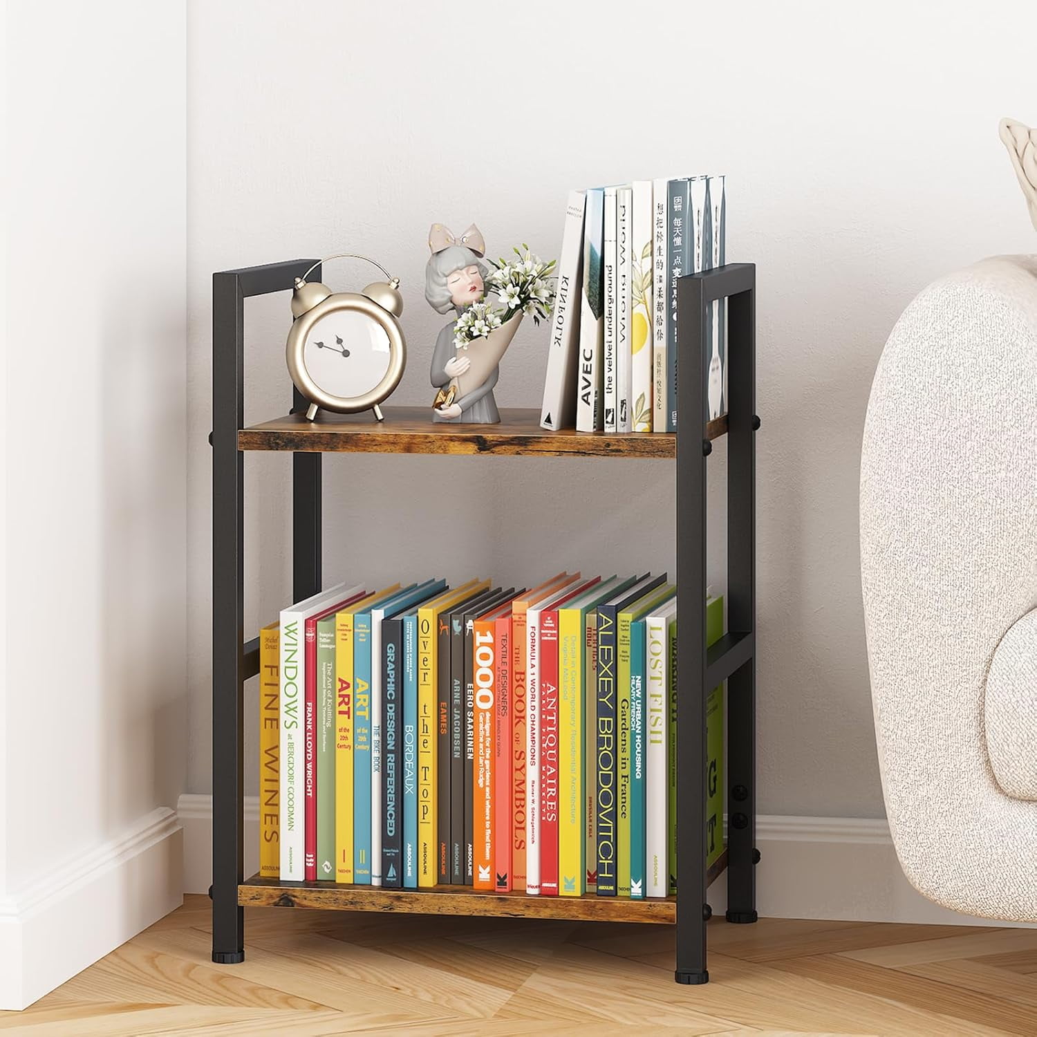 Small Bookshelf for Small Space, 2 Tier Industrial Bookcase,Narrow Book ...