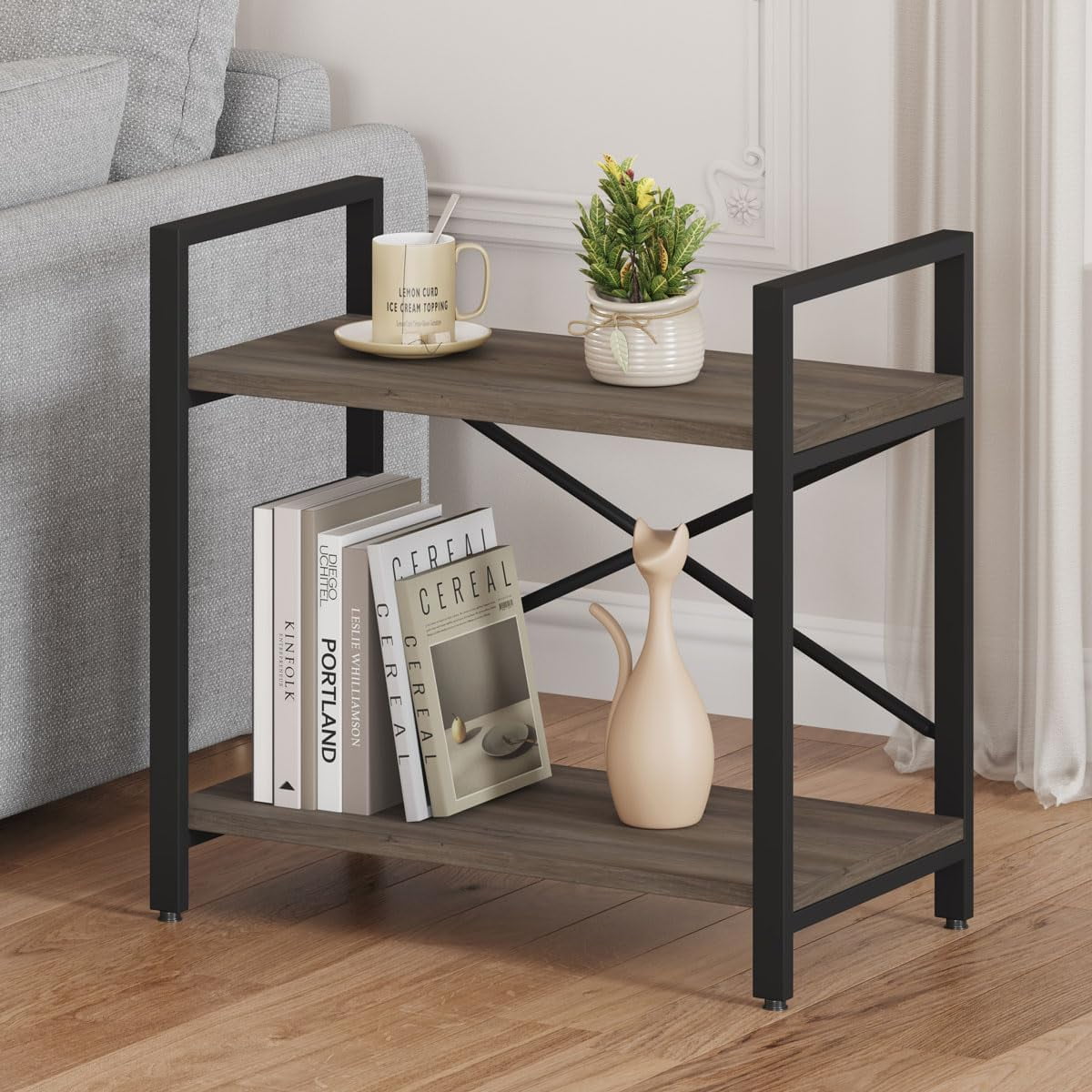 Small Bookshelf for Small Space, 2 Tier Shelf Floor Bookcase for ...