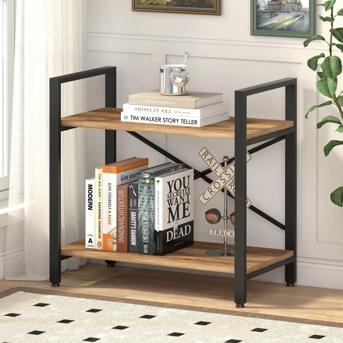 Small Bookshelf for Small Space, 2 Tier Shelf Floor Bookcase for ...