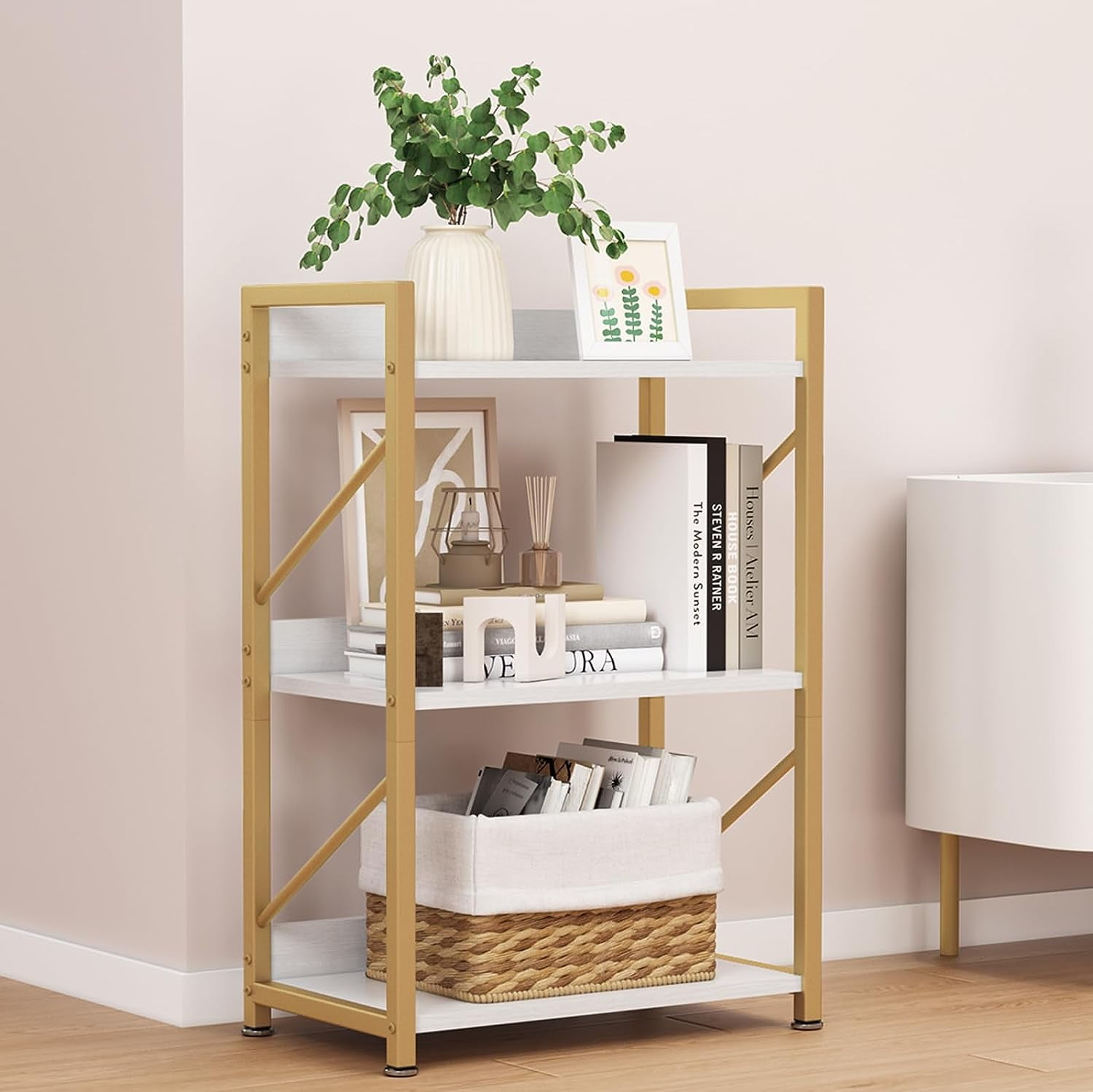 Small Bookshelf for Small Spaces, 3 Tier Bookcase, Narrow Gold Book ...