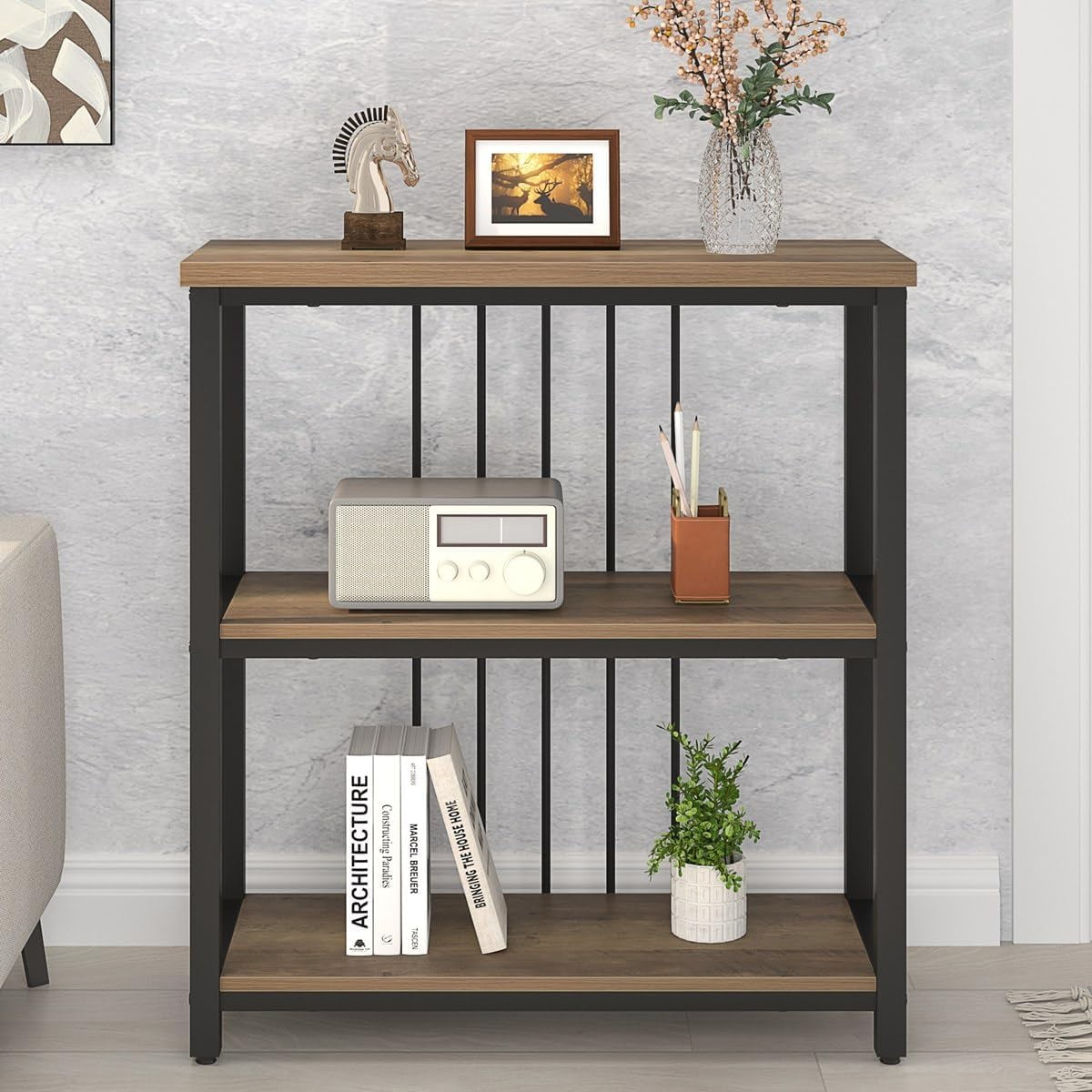Small Bookshelf and Bookcase, 3 Tier Open Book Shelf, Modern Metal and ...