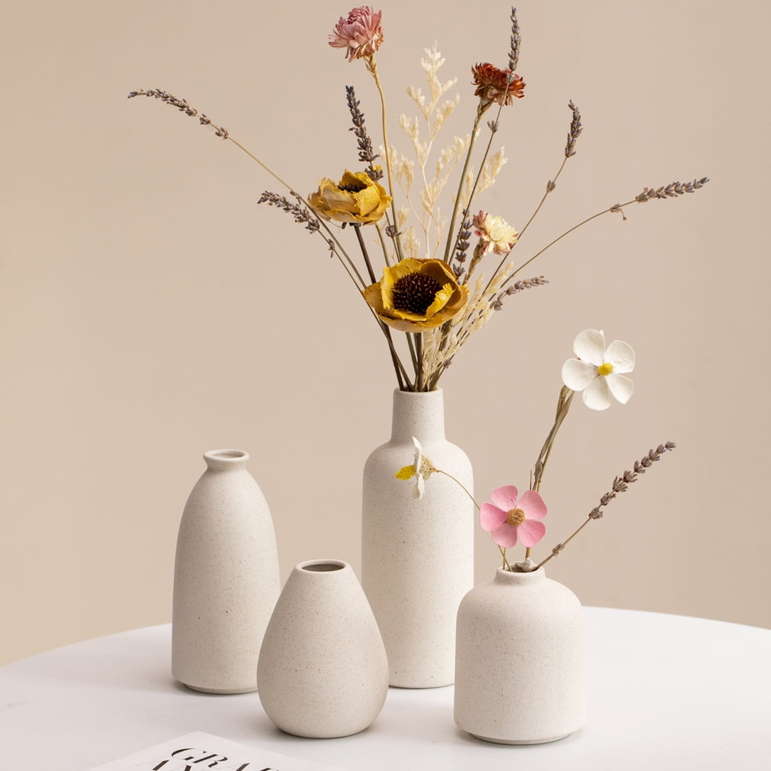 Small Ceramic Boho Vases Set of 4 for Flowers, Matt off-White Mini Bud ...
