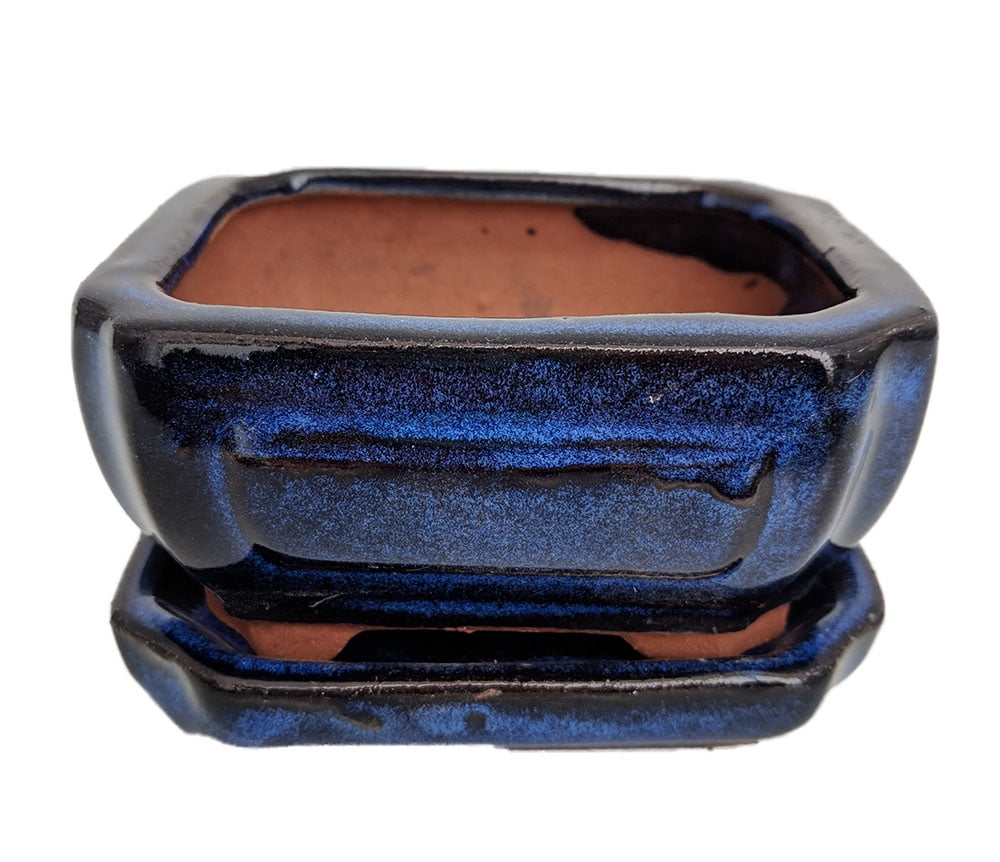 Small Ceramic Bonsai Pot plus Saucer -CobaltFancyRect-4