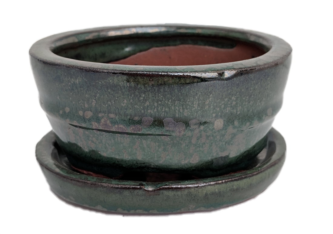 Small Ceramic Bonsai Pot plus Saucer - Forest Green - 4