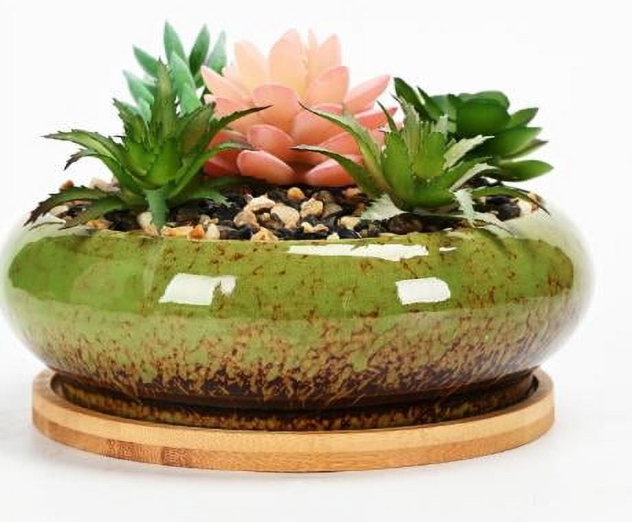 Small Ceramic Planter with Drainage Hole Unique Green Bonsai Succulent ...