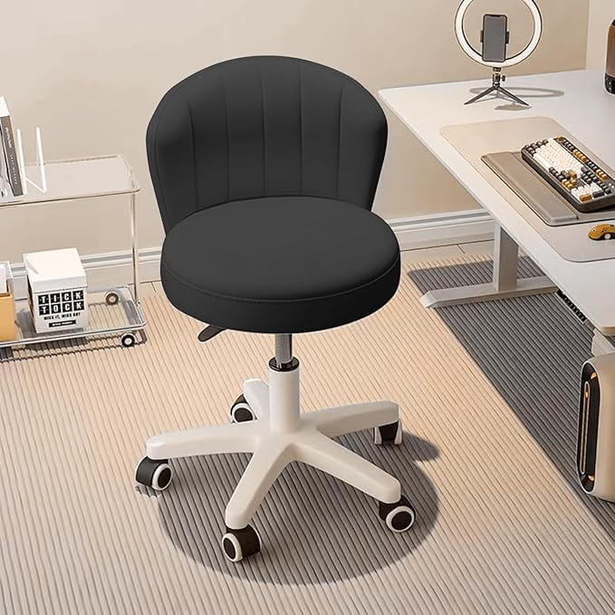 Small Chair Round Rolling Stool with Back PU Leather Height Adjustable ...