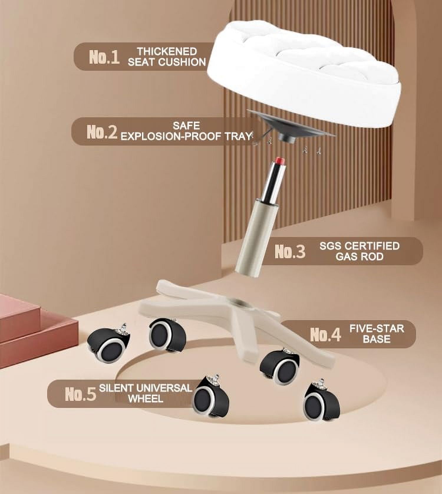 Small Chair Round Rolling Stool with Wheels PU Leather Height ...