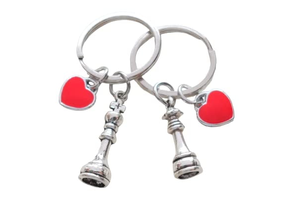 Small Chess Piece Charm Keychains with Red Heart Charms, King and Queen ...