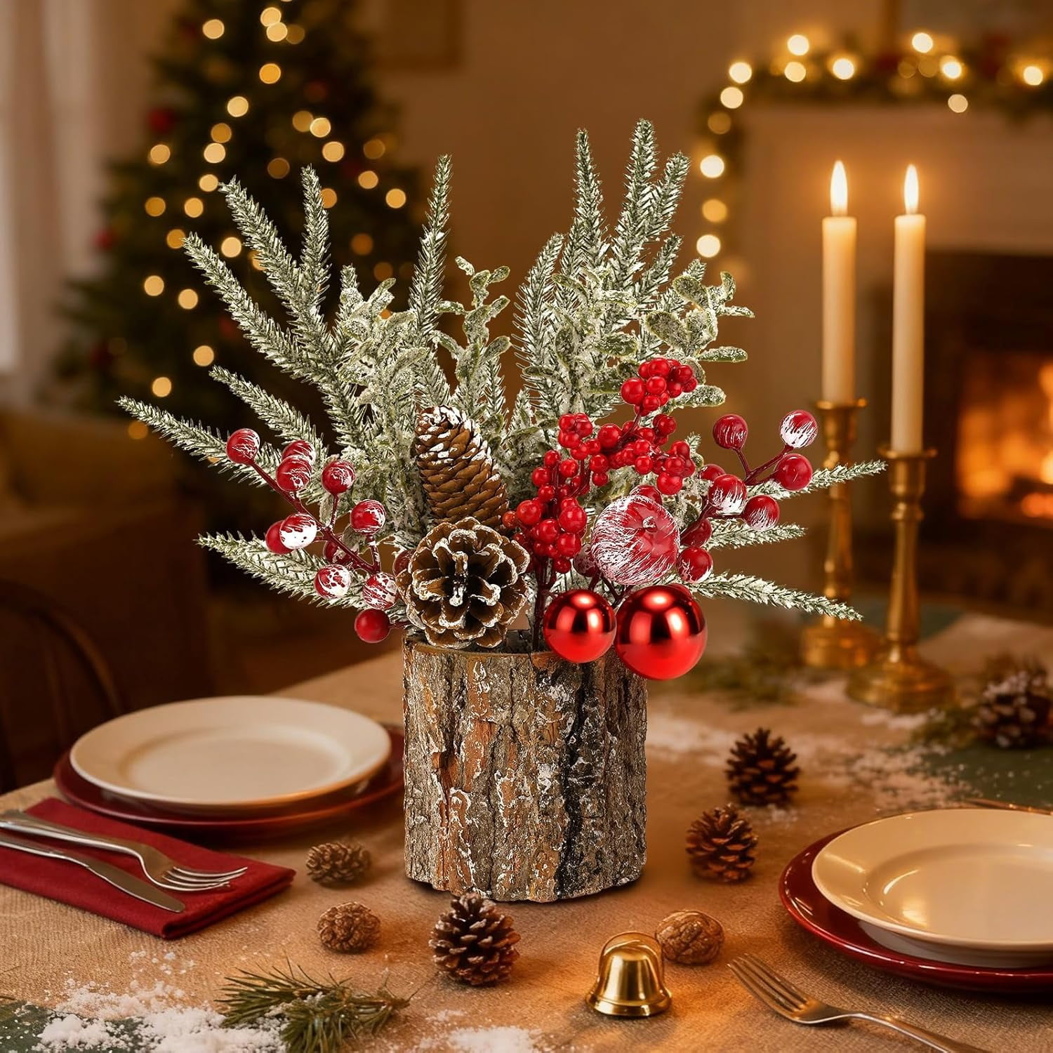 Small Christmas Table Centerpiece with Pinecones & Red Berries, Rustic ...