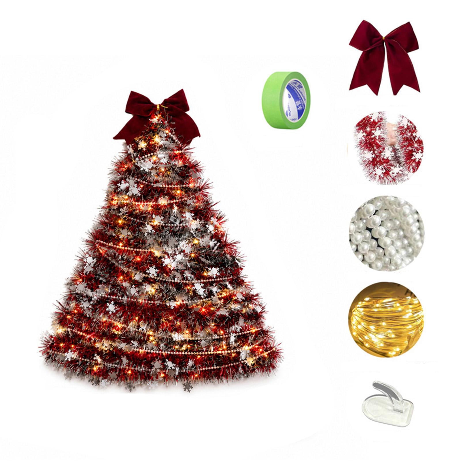 Small Christmas Tree with Lights, DIY PVC Tinsel, Red Bow and Snowflake ...
